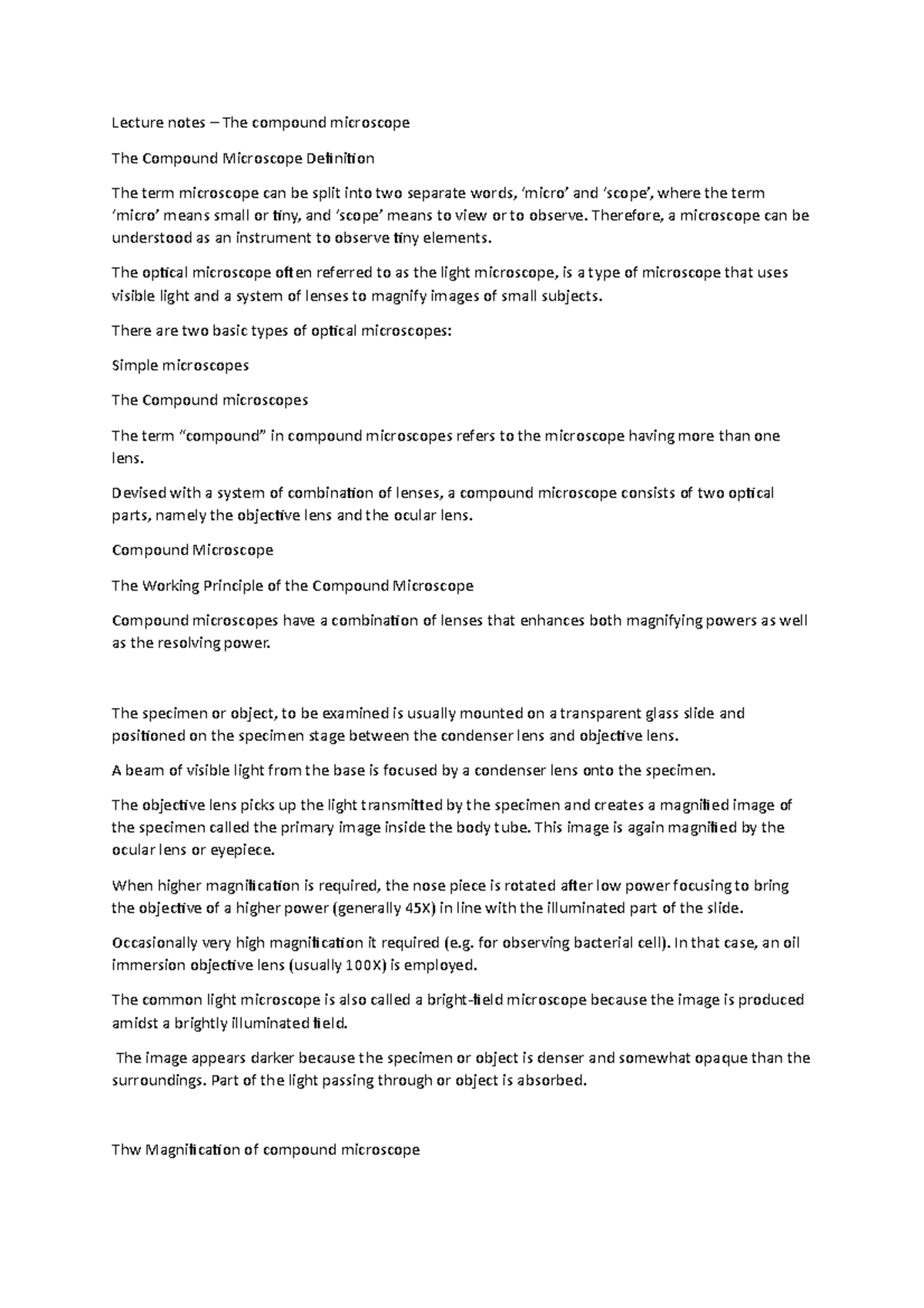 Lecture notes – The compound microscope - Lecture notes – The compound ...