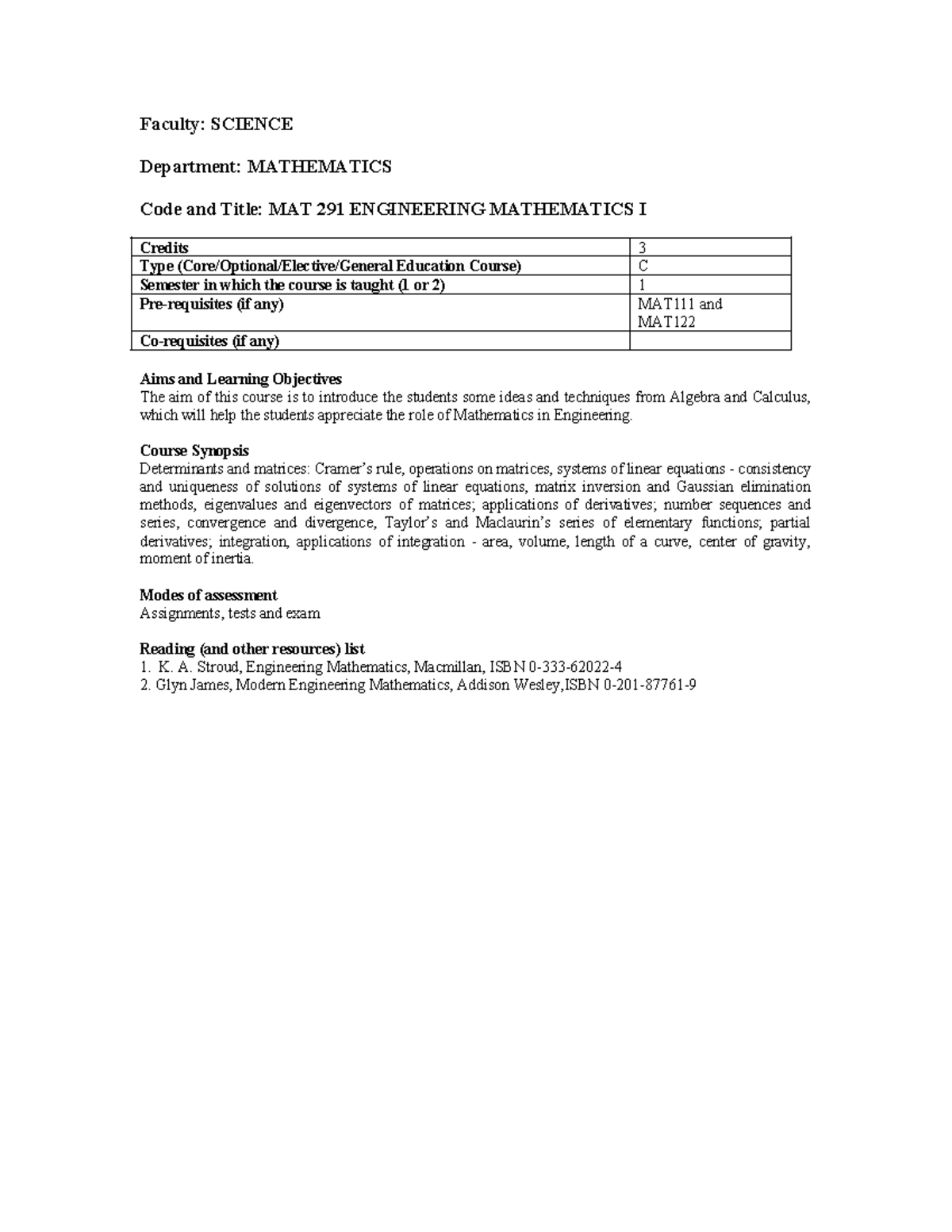 MAT 291, 292, 391 & 392 Course Outlines - Department: MATHEMATICS Code ...