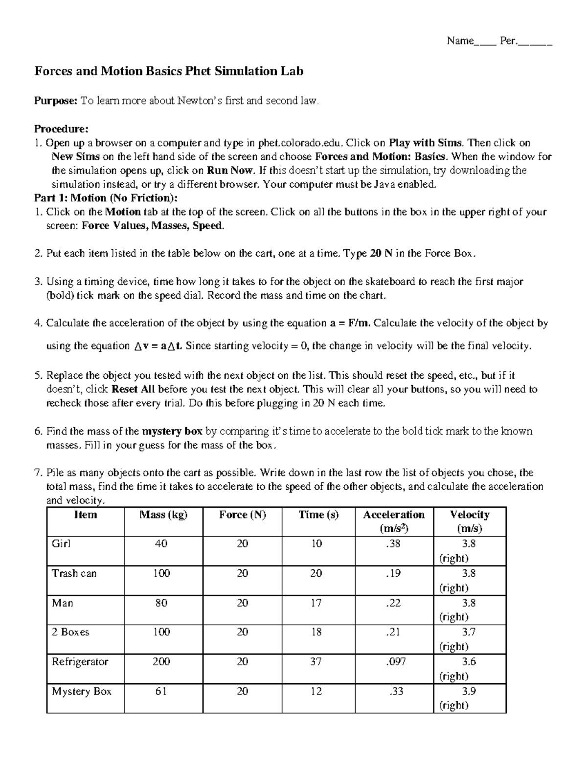 AP Physics Forces and motion Phet Lab Guideline - Name____ Per ...