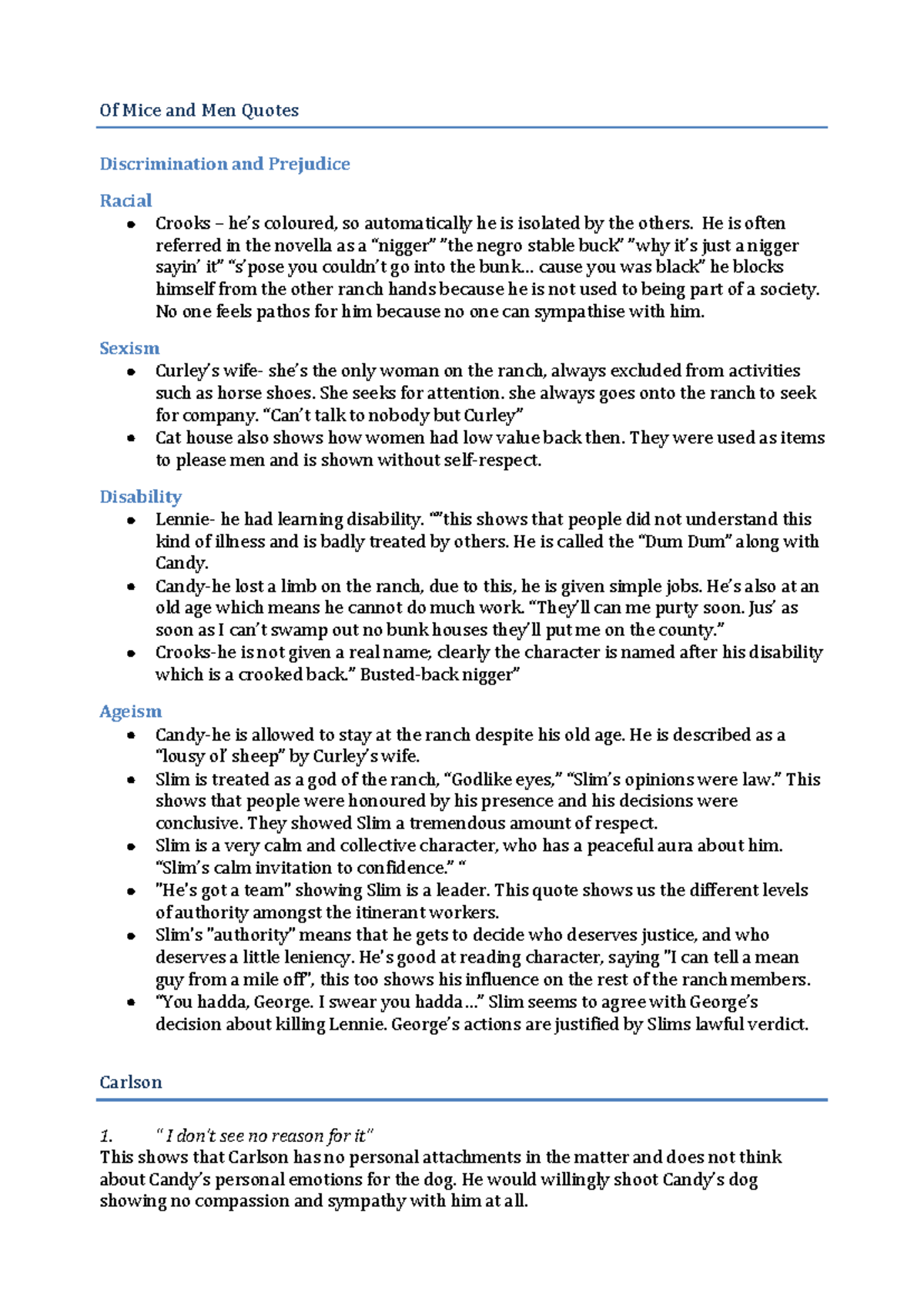 Of Mice and Men quotations - Of Mice and Men Quotes Discrimination and ...