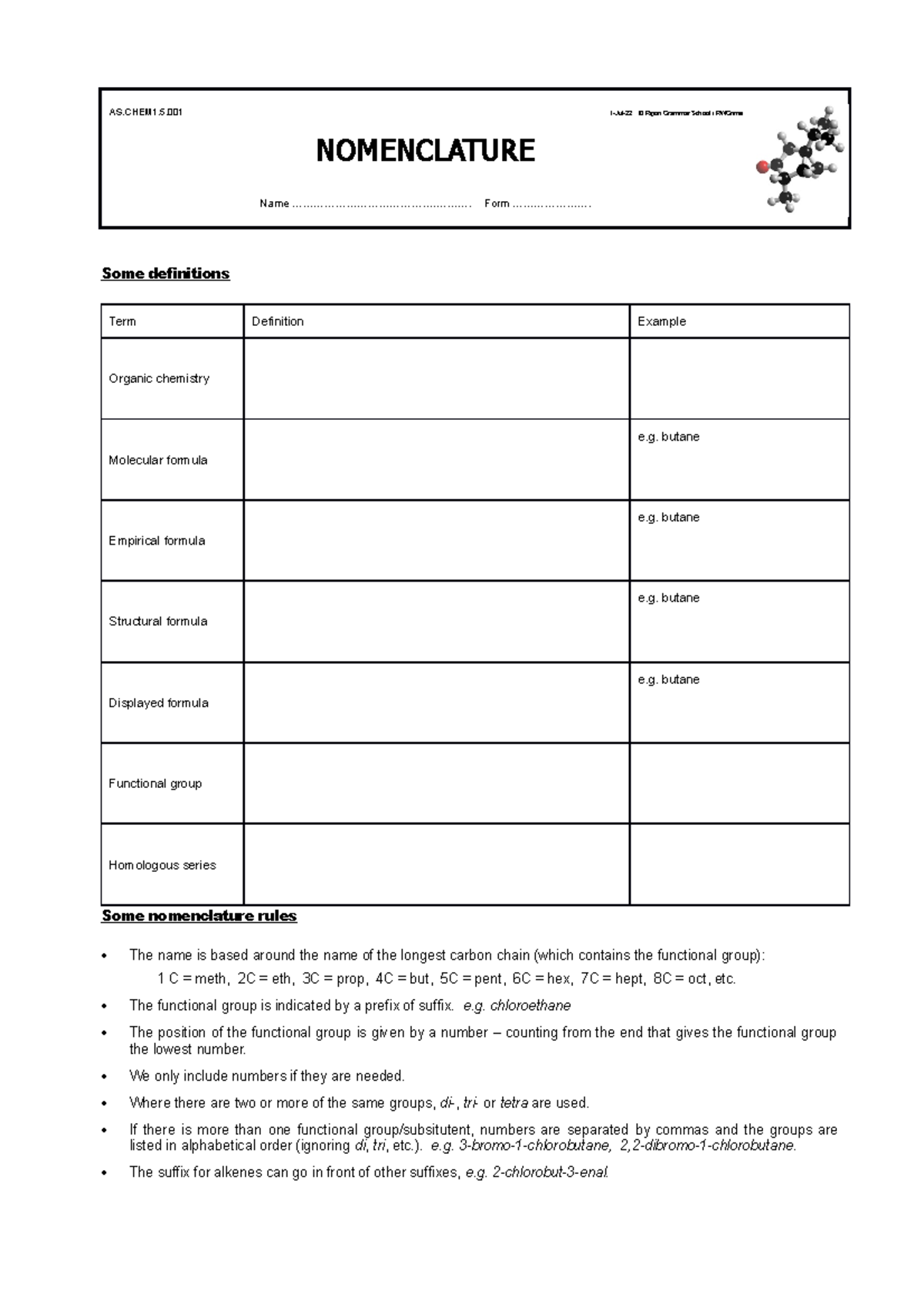 Worksheet 5a - Nomenclature exercises - AS.CHEM1.5 1-Jul-22 © Ripon ...