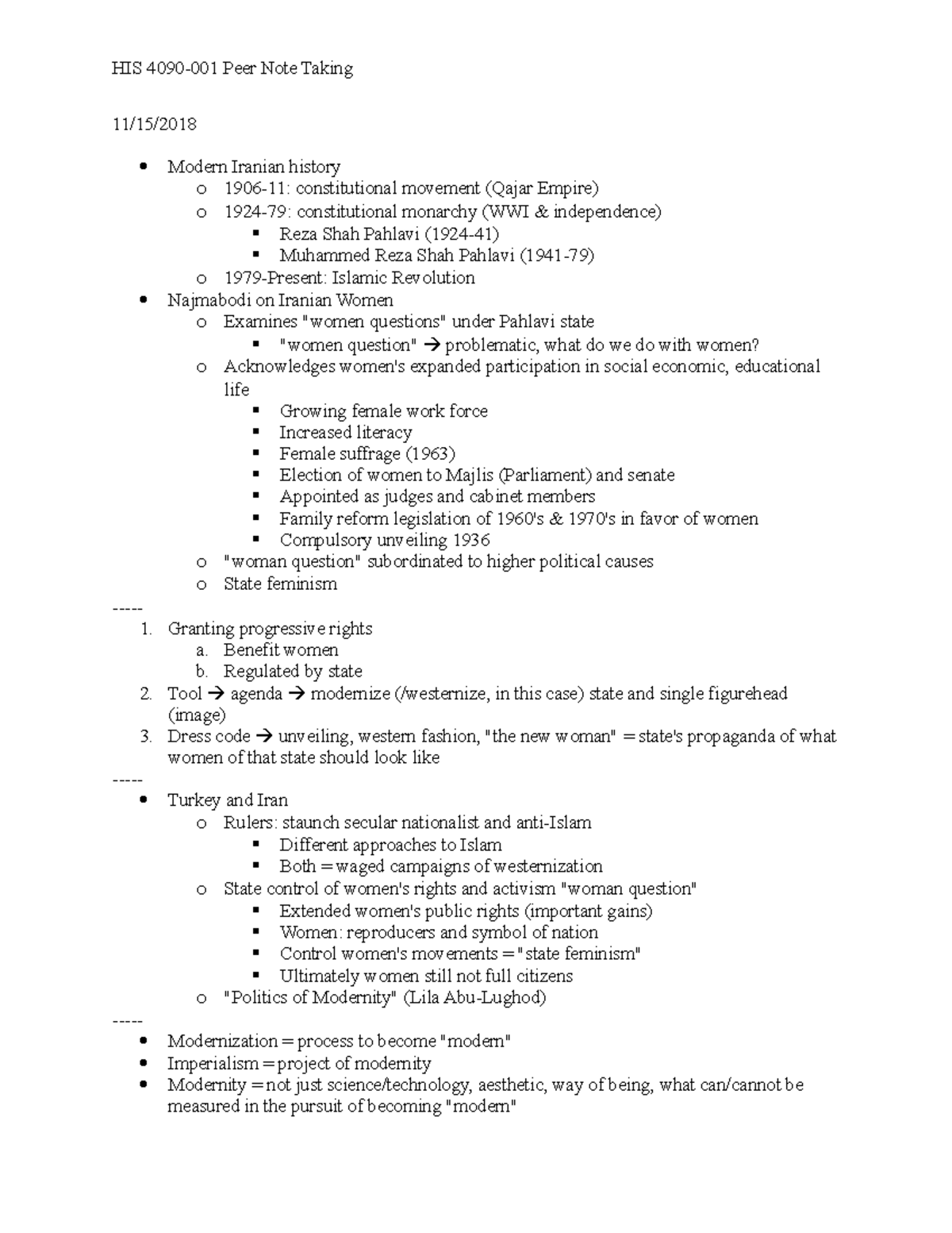 11:15:2018 lecture notes - HIS 4090-001 Peer Note Taking 11/15/ Modern ...