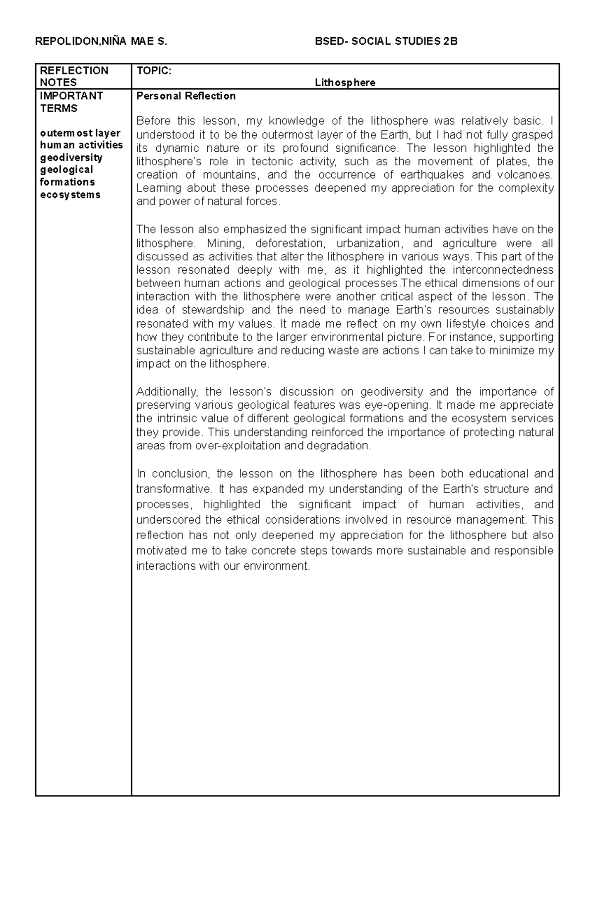 Geography Final`S Reflections - REFLECTION NOTES TOPIC: Lithosphere ...