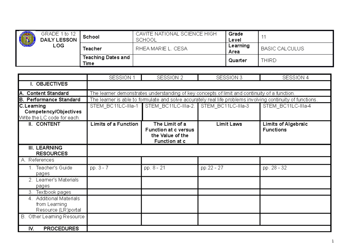 Calculus DLL WEEK 1 - GRADE 1 to 12 DAILY LESSON LOG School CAVITE ...
