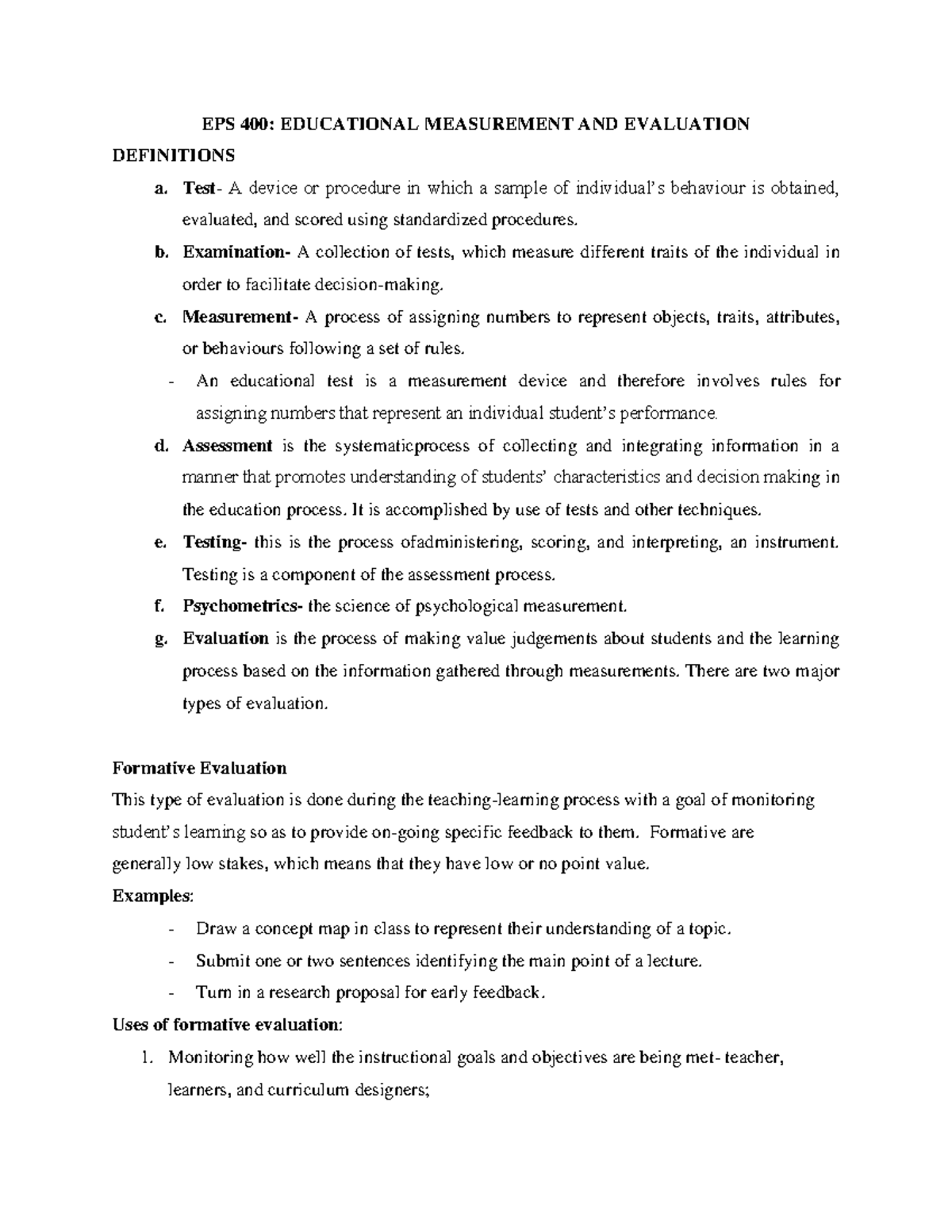 EPS 400 PDF Notes - EPS 400: EDUCATIONAL MEASUREMENT AND EVALUATION ...