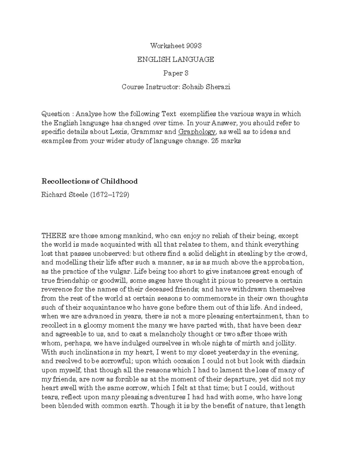 9093 Richard Steele - Worksheet 9093 ENGLISH LANGUAGE Paper 3 Course ...