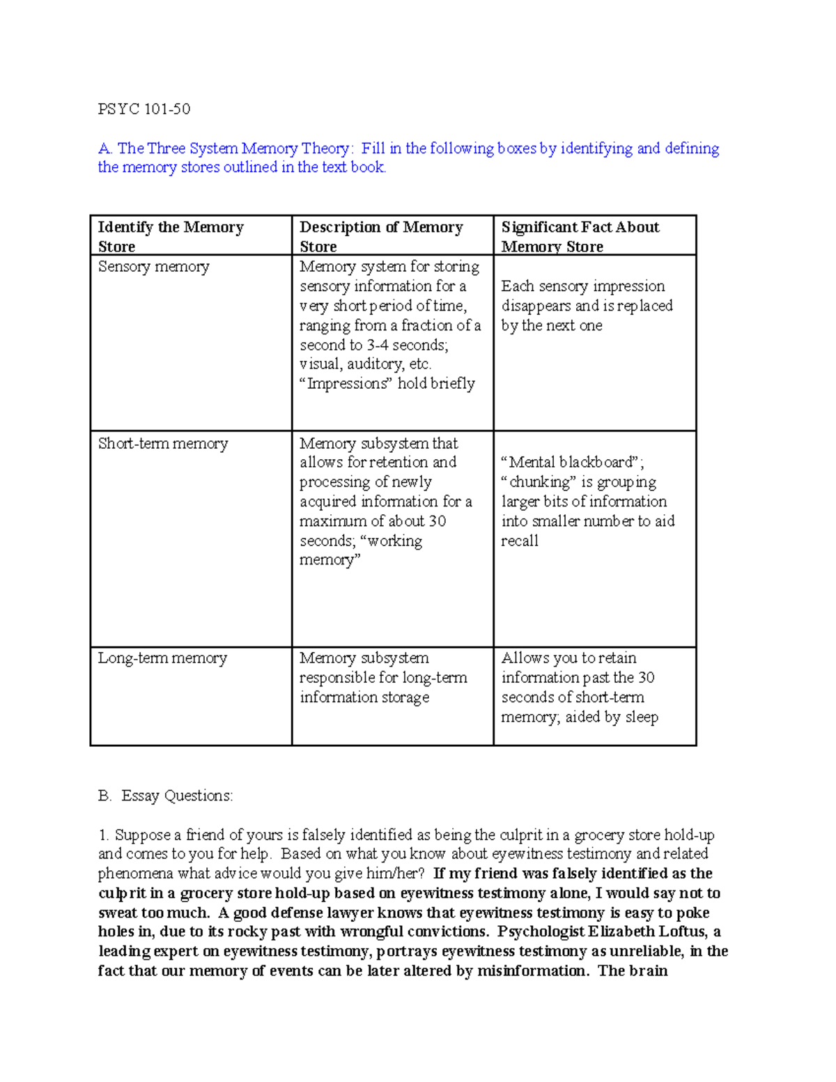 Memory Stores Handout - PSYC 101- A. The Three System Memory Theory ...