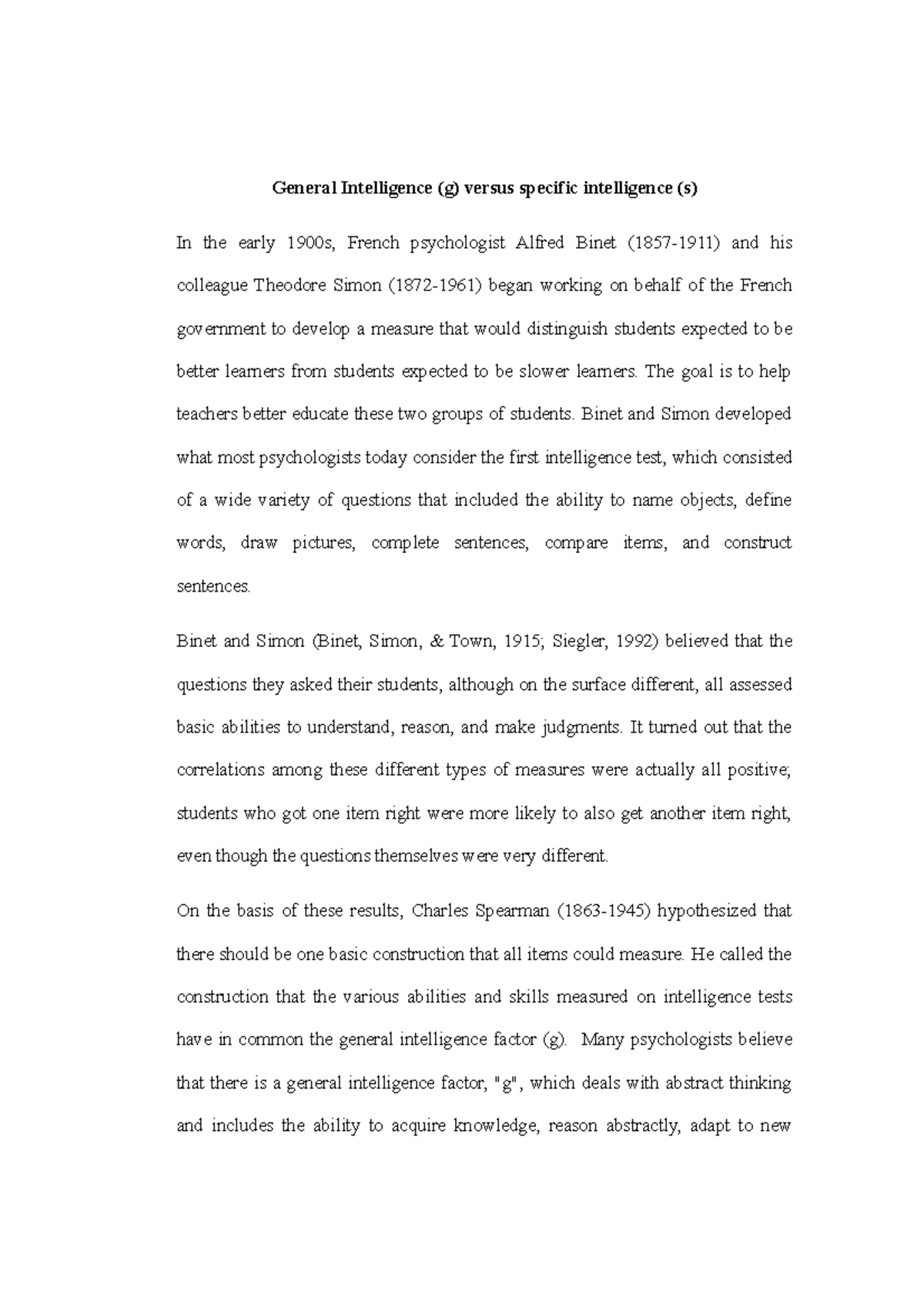 General Intelligence - Psychology A Level - General Intelligence (g ...