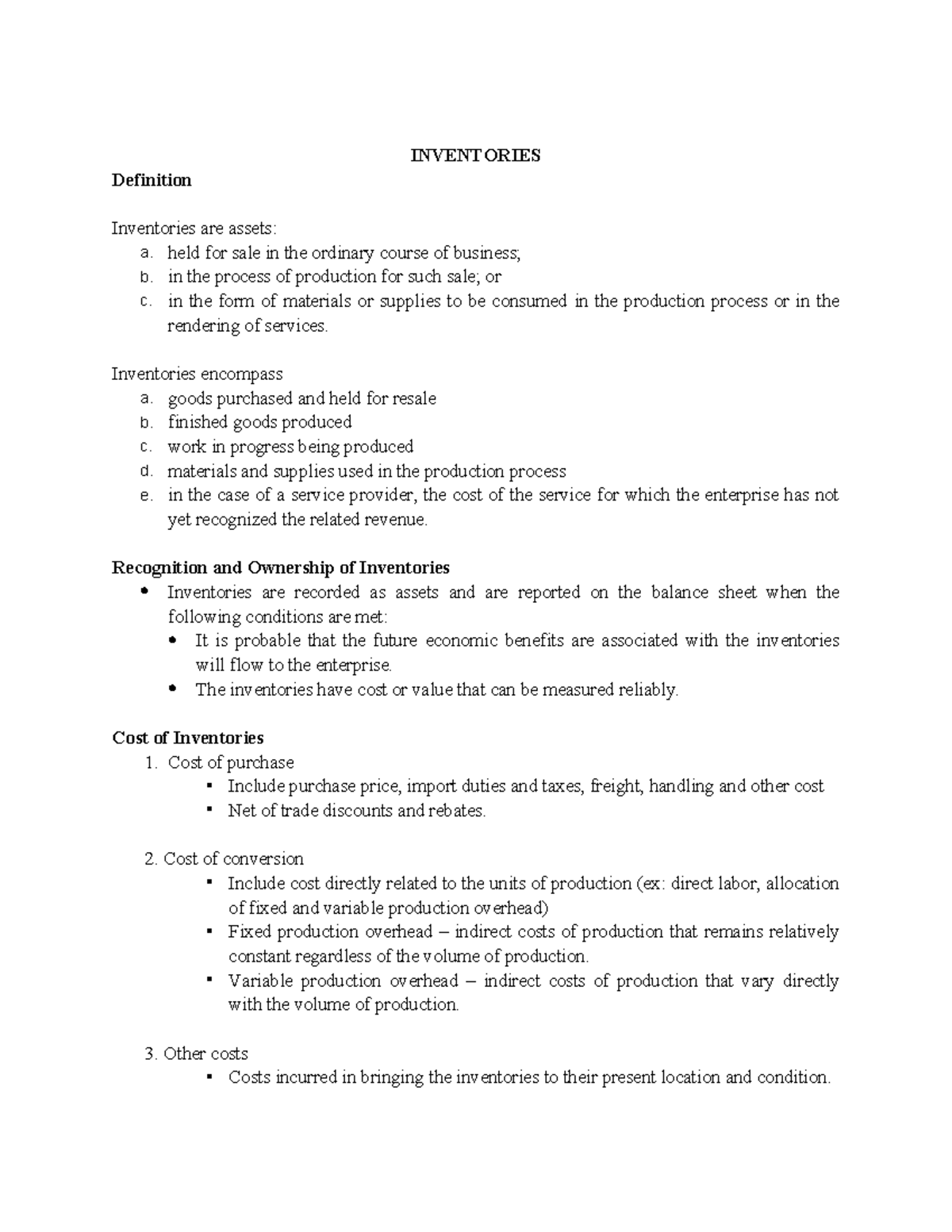 Inventory lecture notes - INVENTORIES Definition Inventories are assets ...
