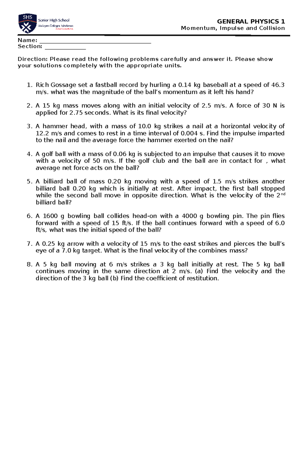 Center OF MASS Momentum, Impulse AND Collision Problem SET - GENERAL ...