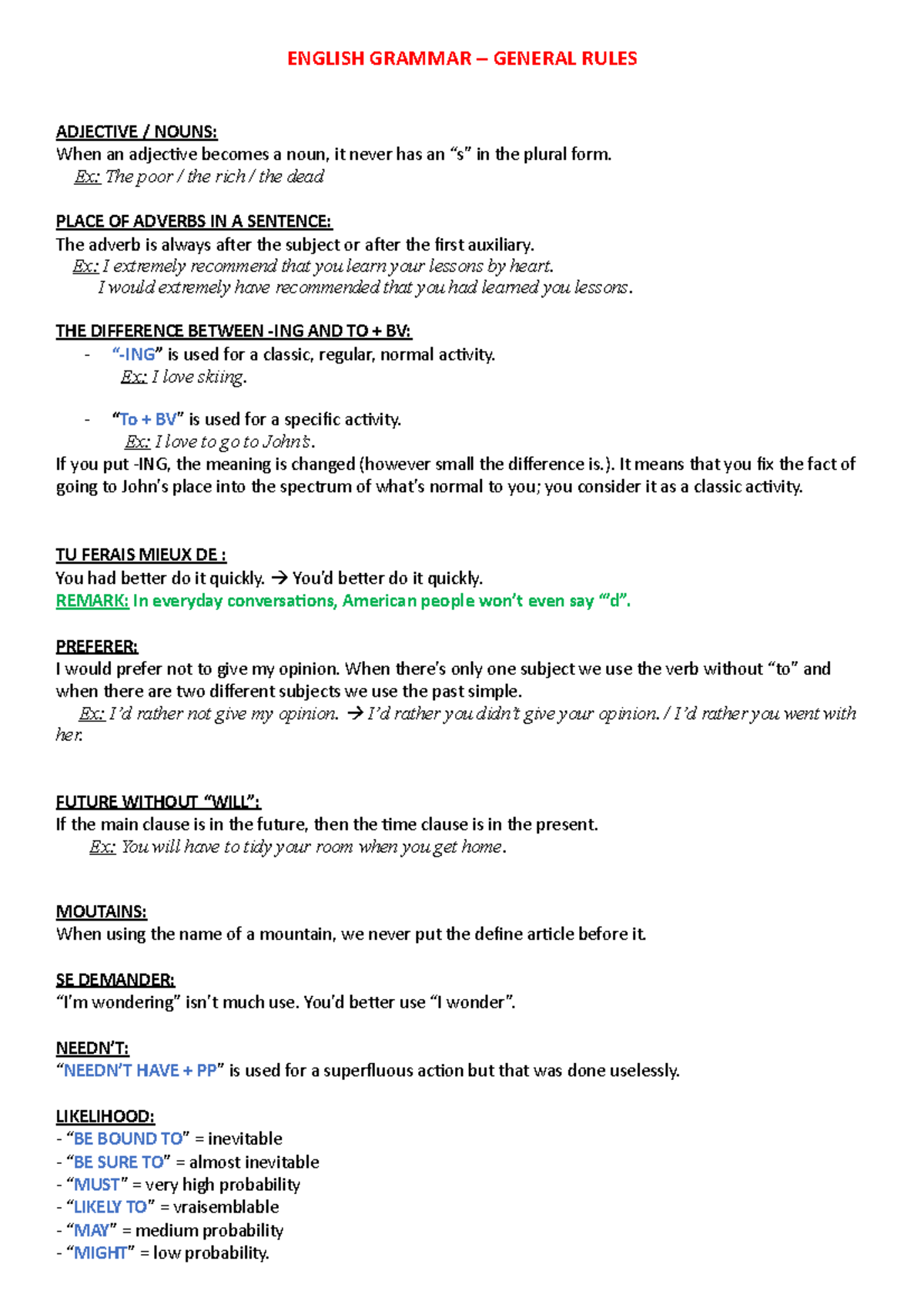 General rules - ENGLISH GRAMMAR – GENERAL RULES ADJECTIVE / NOUNS: When ...