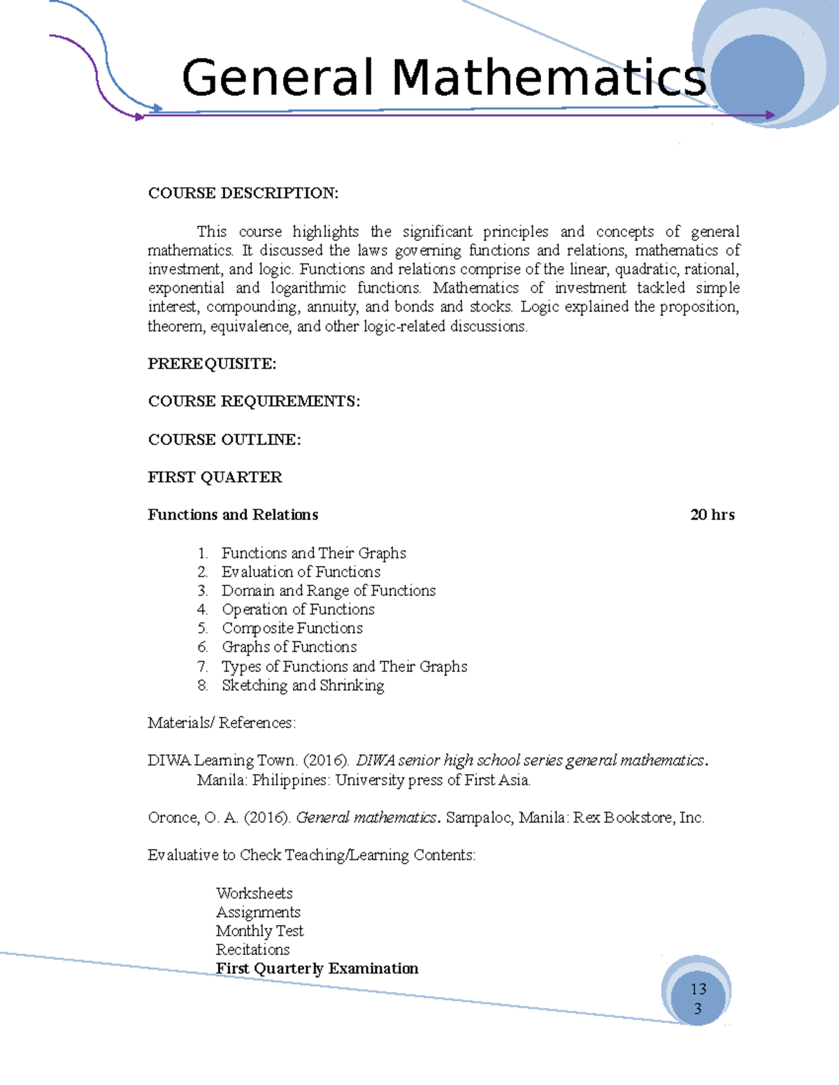 Module GM for Senior High School Gr. 11 - 13 COURSE DESCRIPTION: This ...