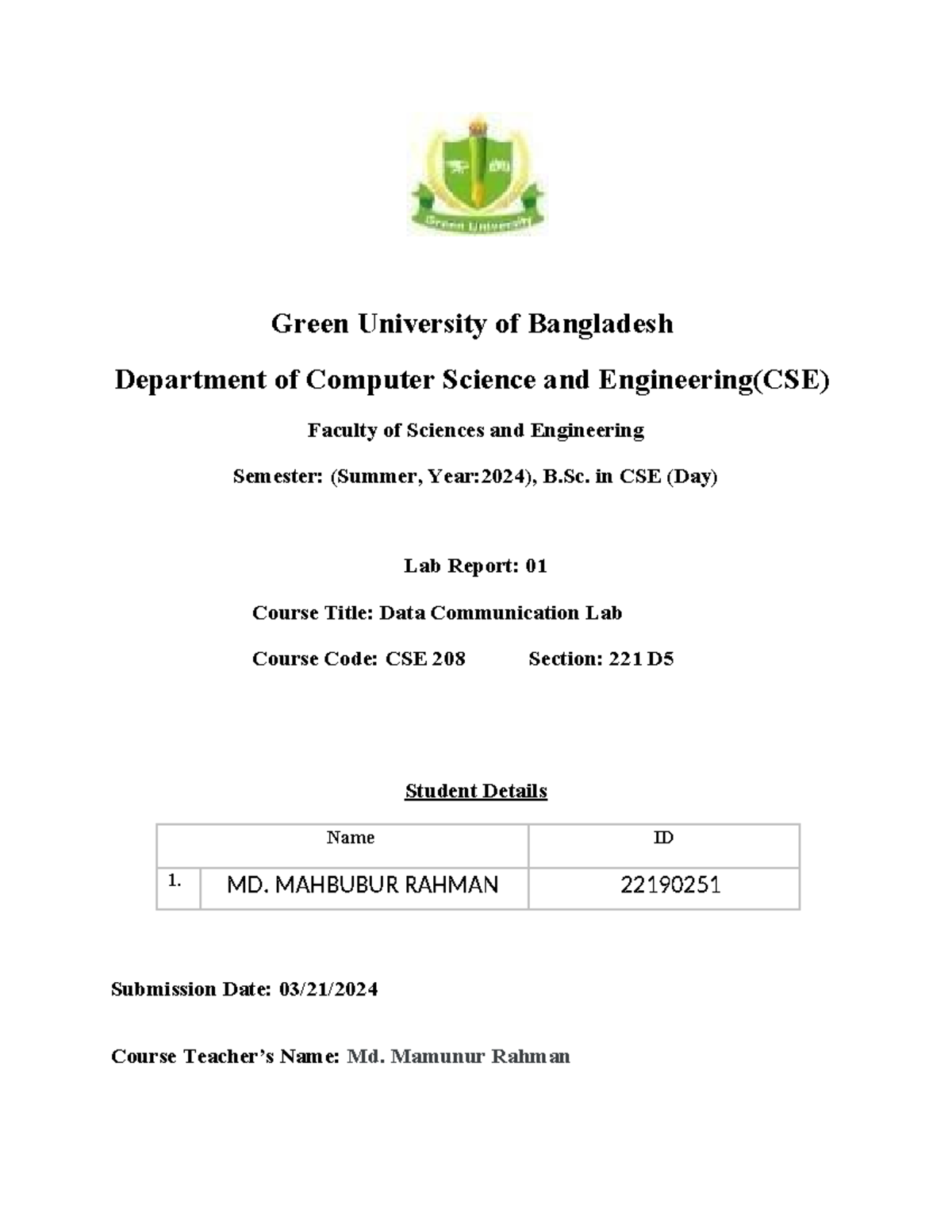 Lab Report 01 (221902251) - Green University of Bangladesh Department ...