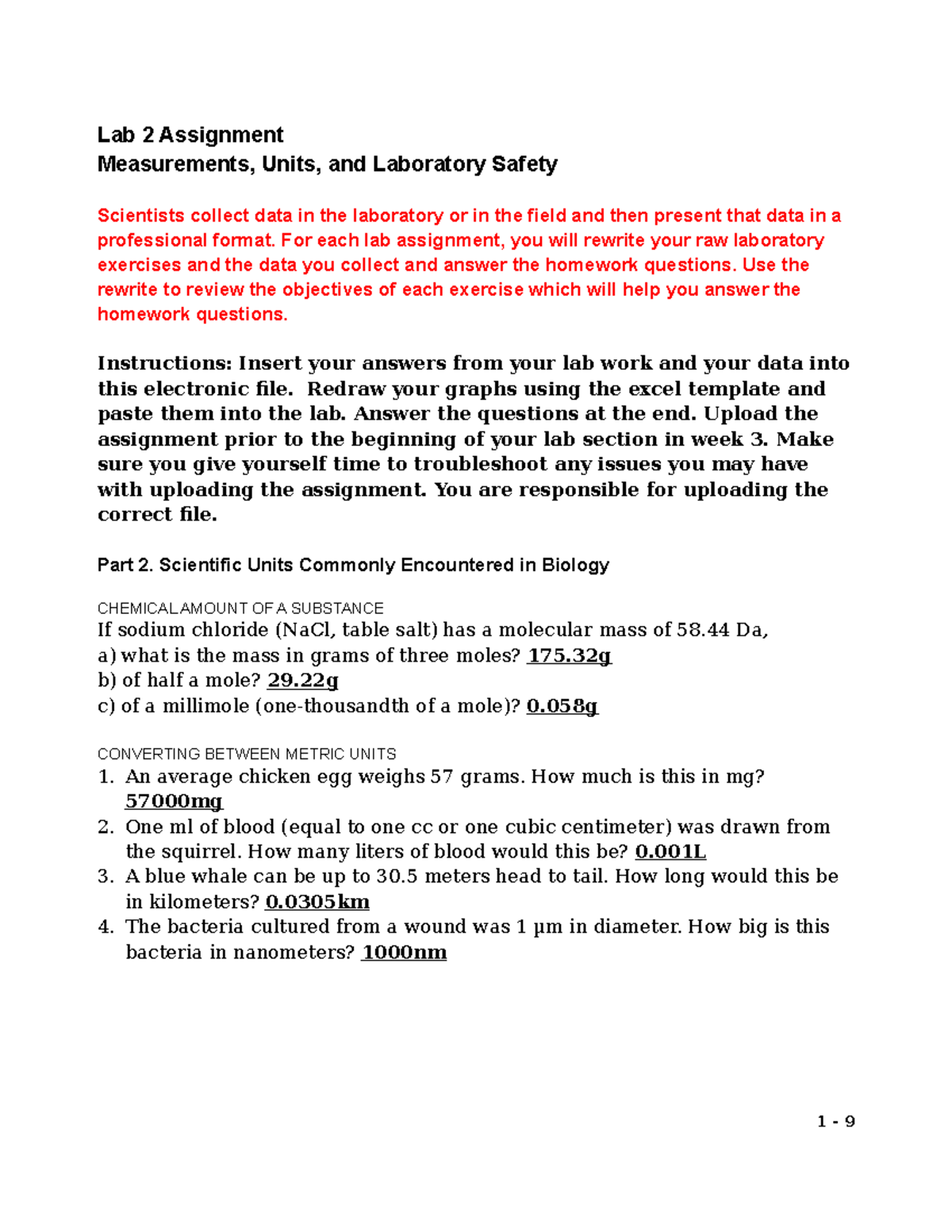 Lab 2 Assignment - Lab 2 Assignment Measurements, Units, and Laboratory ...