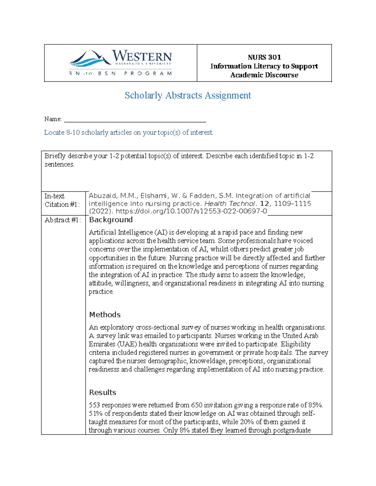 Scholarly abstracts assignment worksheet - NURS 301 Information ...