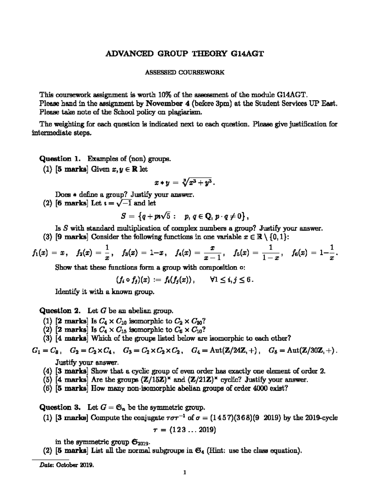 Advanced group theory coursework, given about half way theough the ...