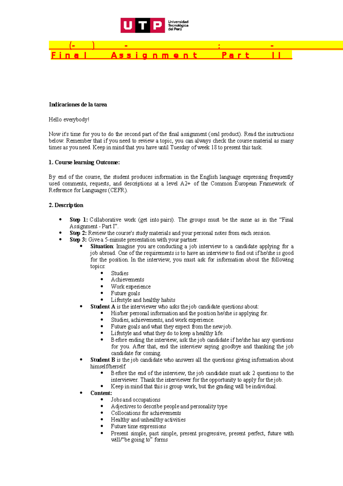 🔴 (AC-S18) Week 18 - Task Assignment - Final Assignment Part II - Ingles 4 - 🔴 (-A A )A 18 ...