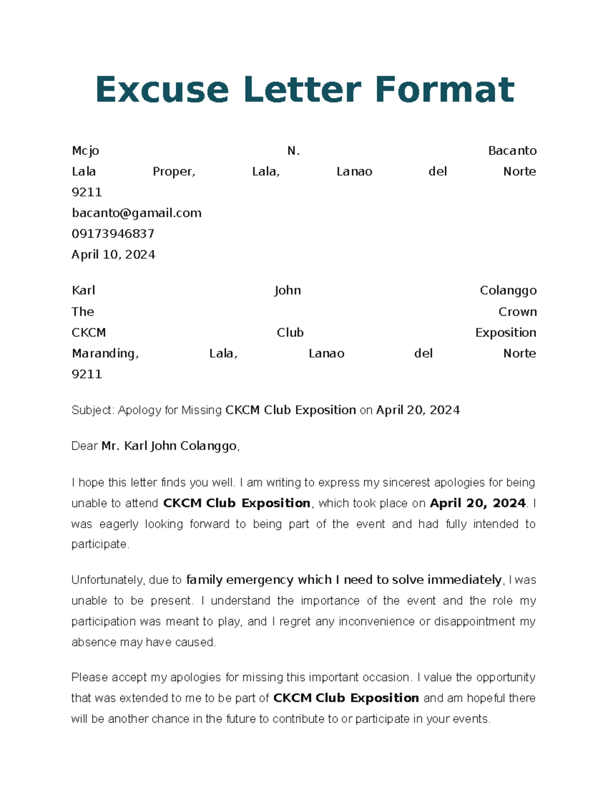 Excuse-Letter-Format - Excuse Letter Format Mcjo N. Bacanto Lala Proper ...