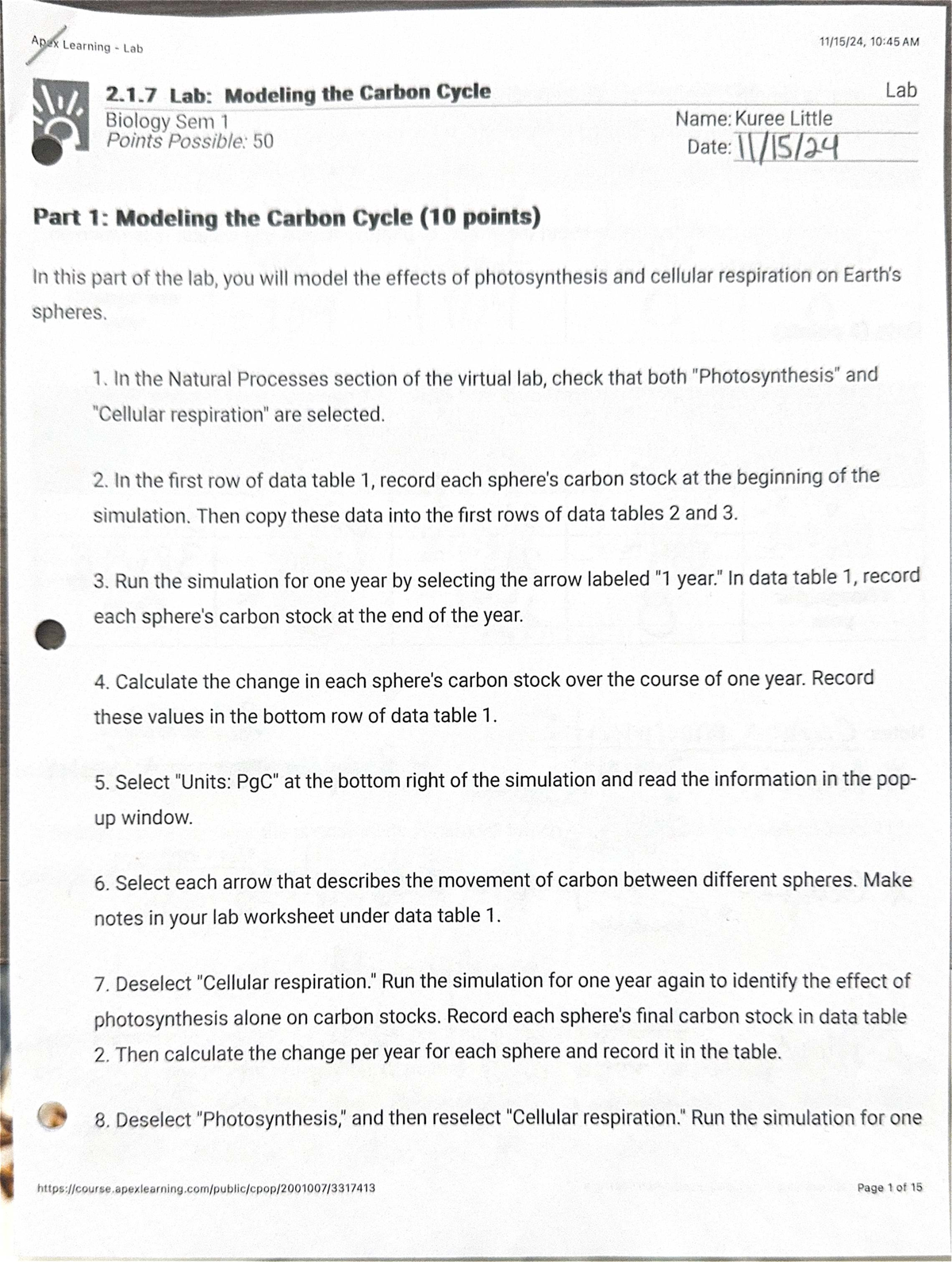 2.1.7 Lab Modeling the Carbon Cycle 2.15.56 PM - Apex Learning Lab 10: ...
