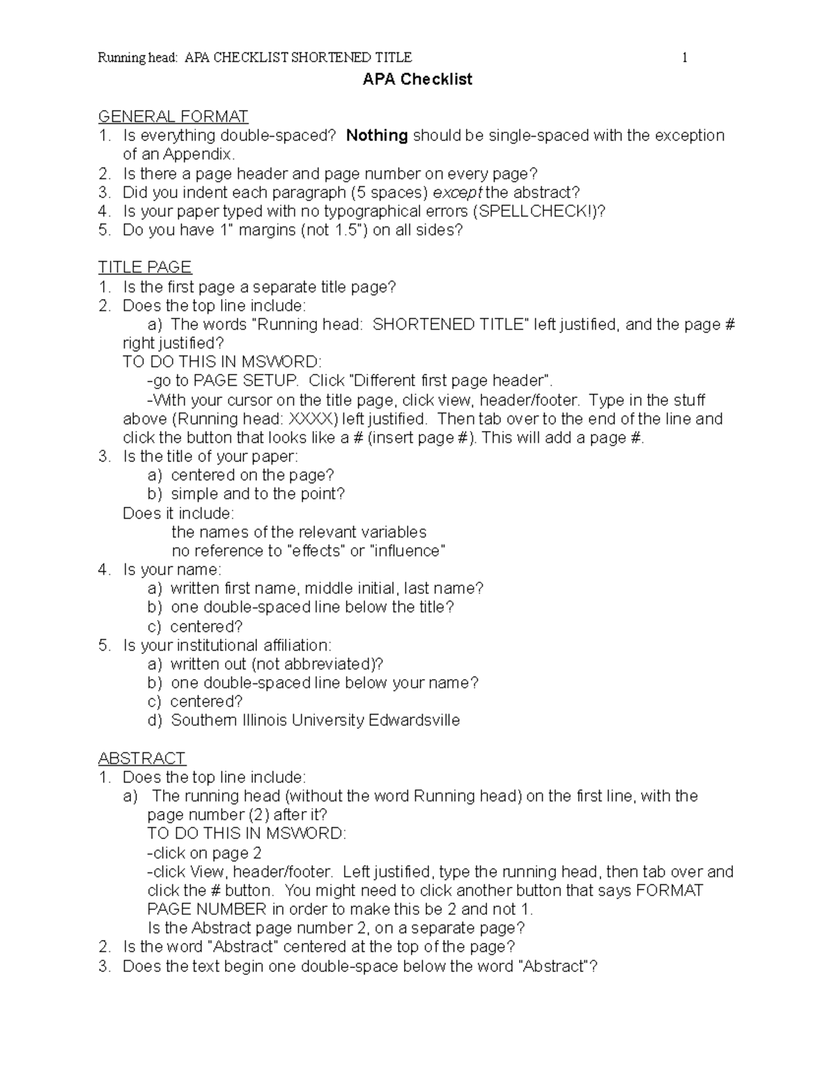 Apachecklist - notes including a checklist for APA formatting - Running ...