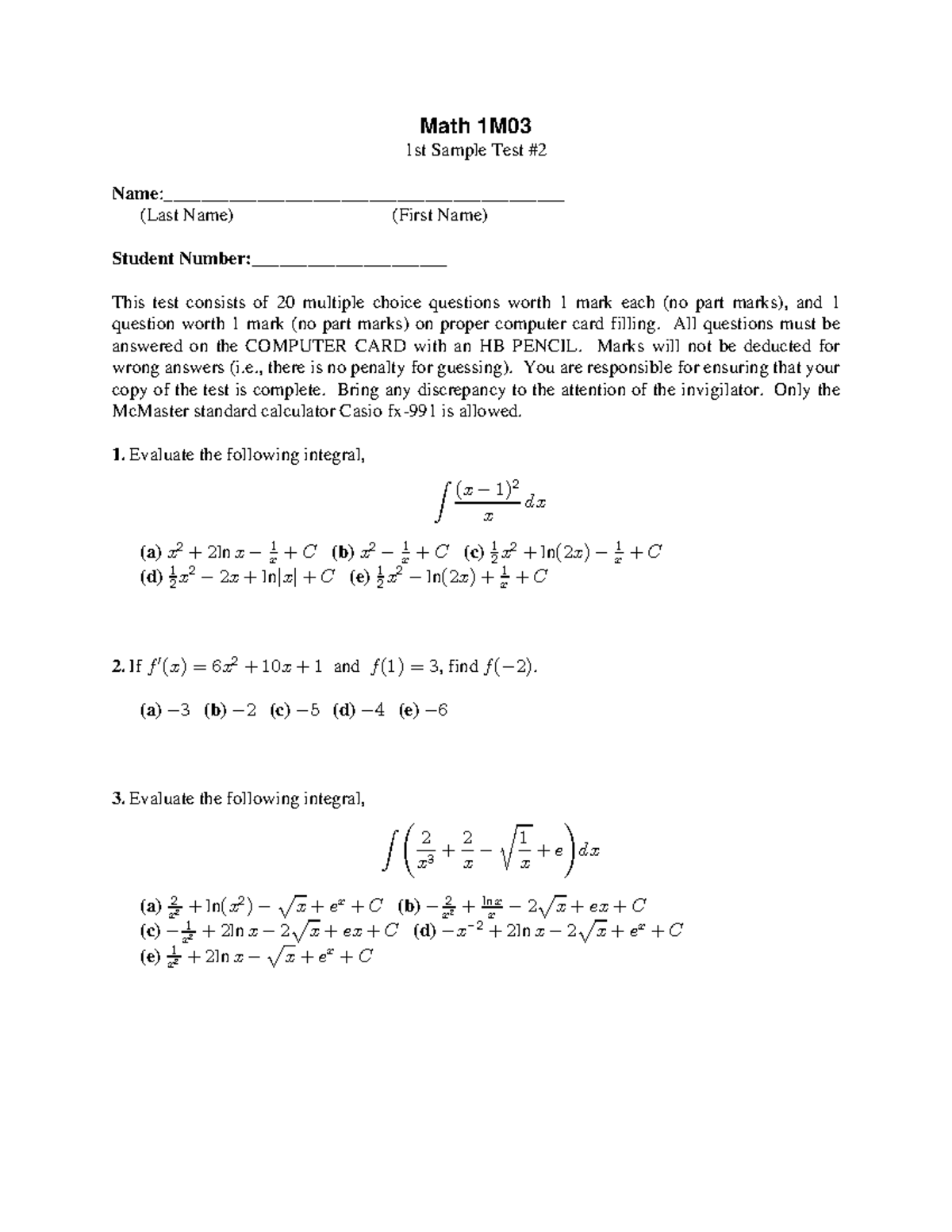 Practice exam 2015, Questions and answers - Math 1M 1st Sample Test ...