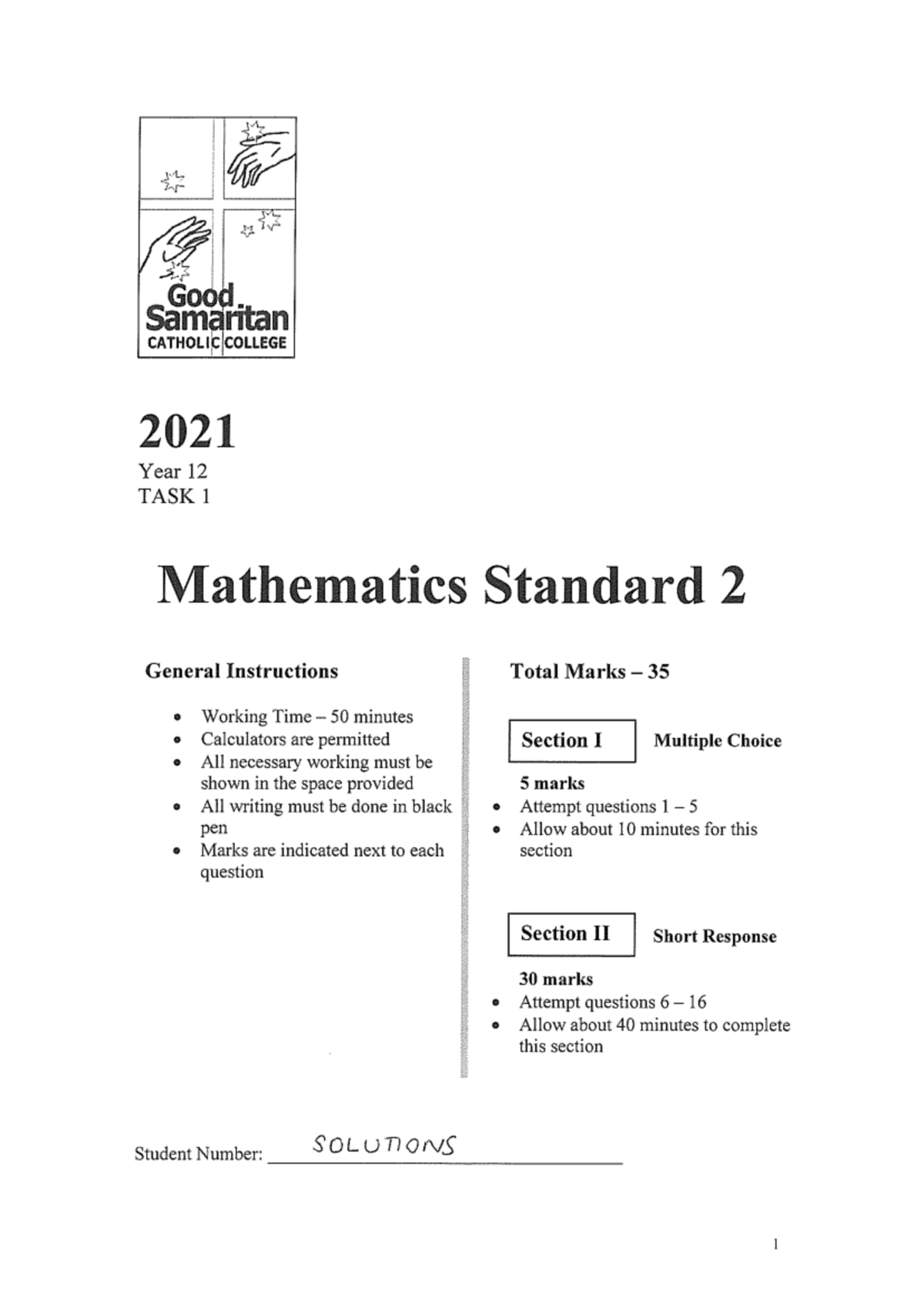 past paper - MS2 - Good Samaritan CATHOLIC COLLEGE 2021 Year 12 TASK 1 ...