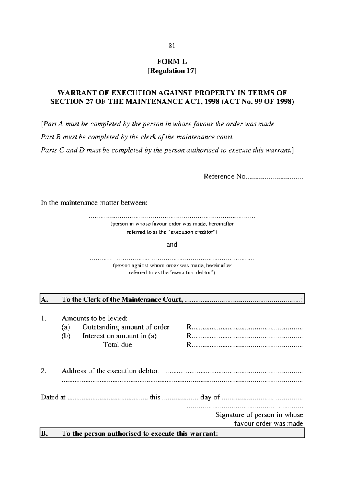 Warrant of execution South Africa - FORM L [Regulation 17] WARRANT OF ...