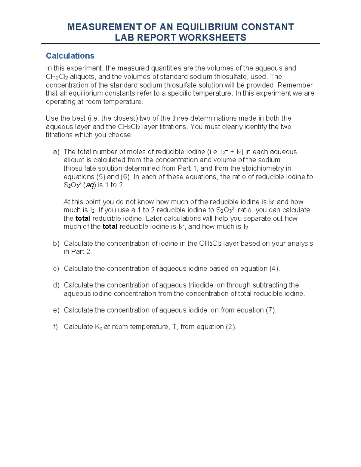 Measurement of an Equilibrium Constant Worksheets - LAB REPORT ...