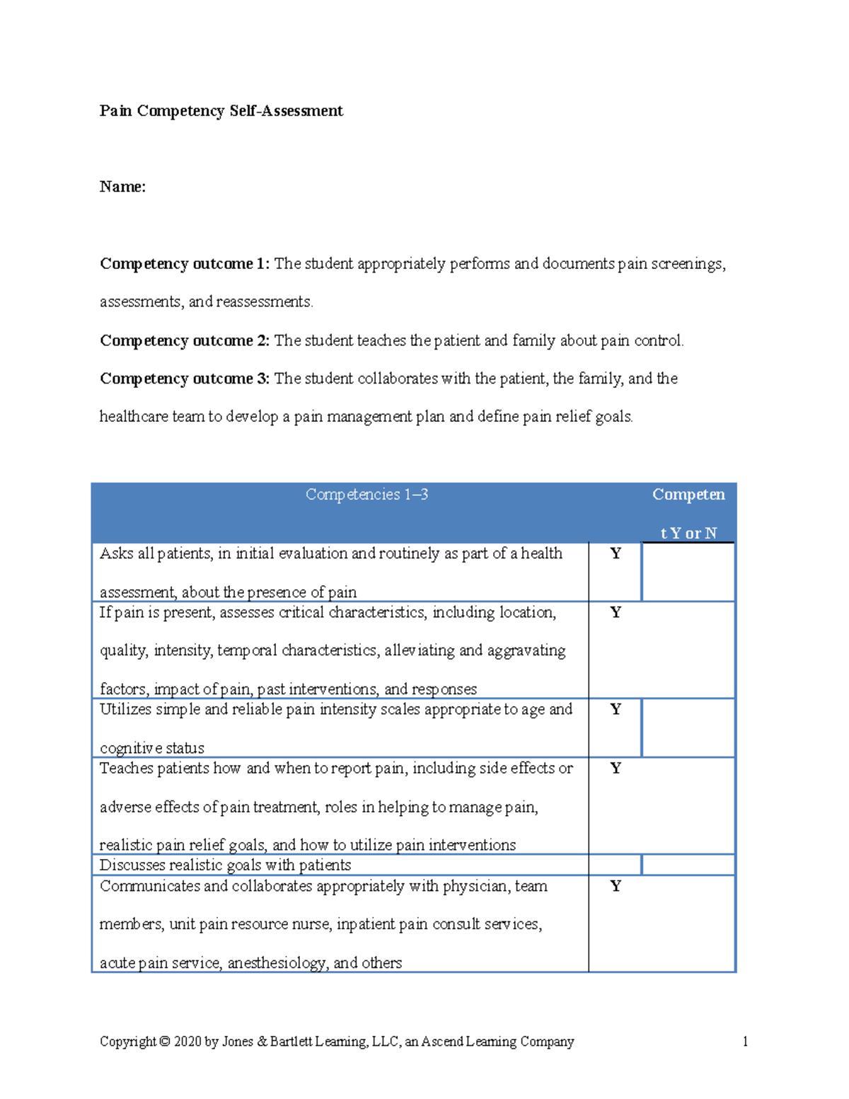 Pain Competency Self-Assessment - Pain Competency Self-Assessment Name ...