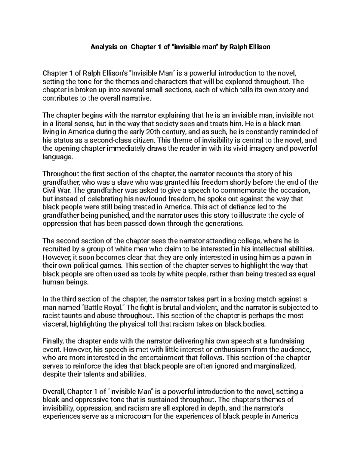 Analysis on Chapter 1 of "invisible man" by Ralph Ellison - Analysis on ...
