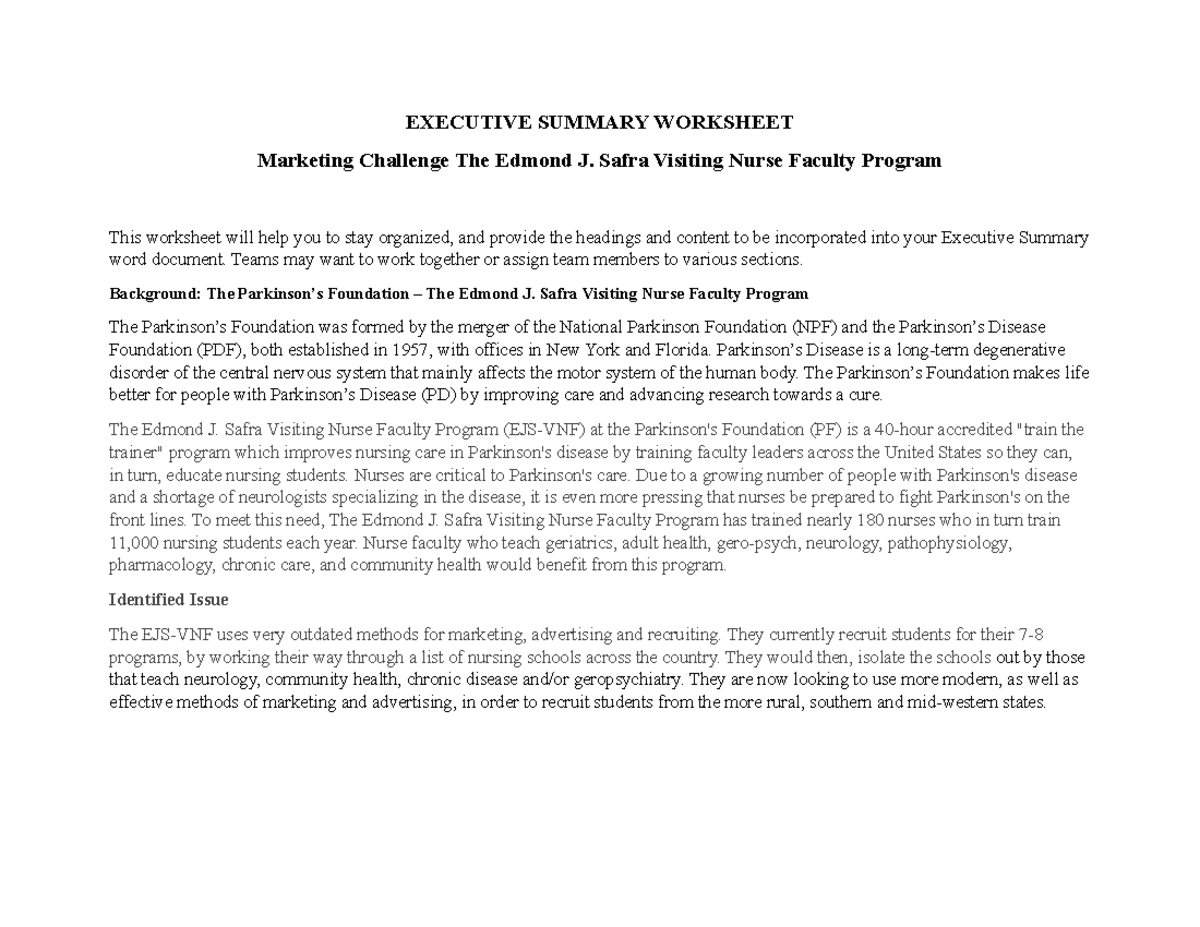 Marketing ES Worksheet - EXECUTIVE SUMMARY WORKSHEET Marketing ...