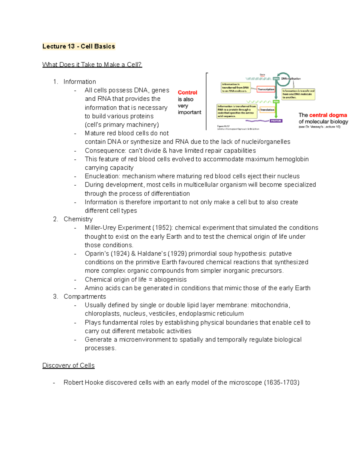 BIOL 1090 - biol notes - Lecture 13 - Cell Basics What Does it Take to ...
