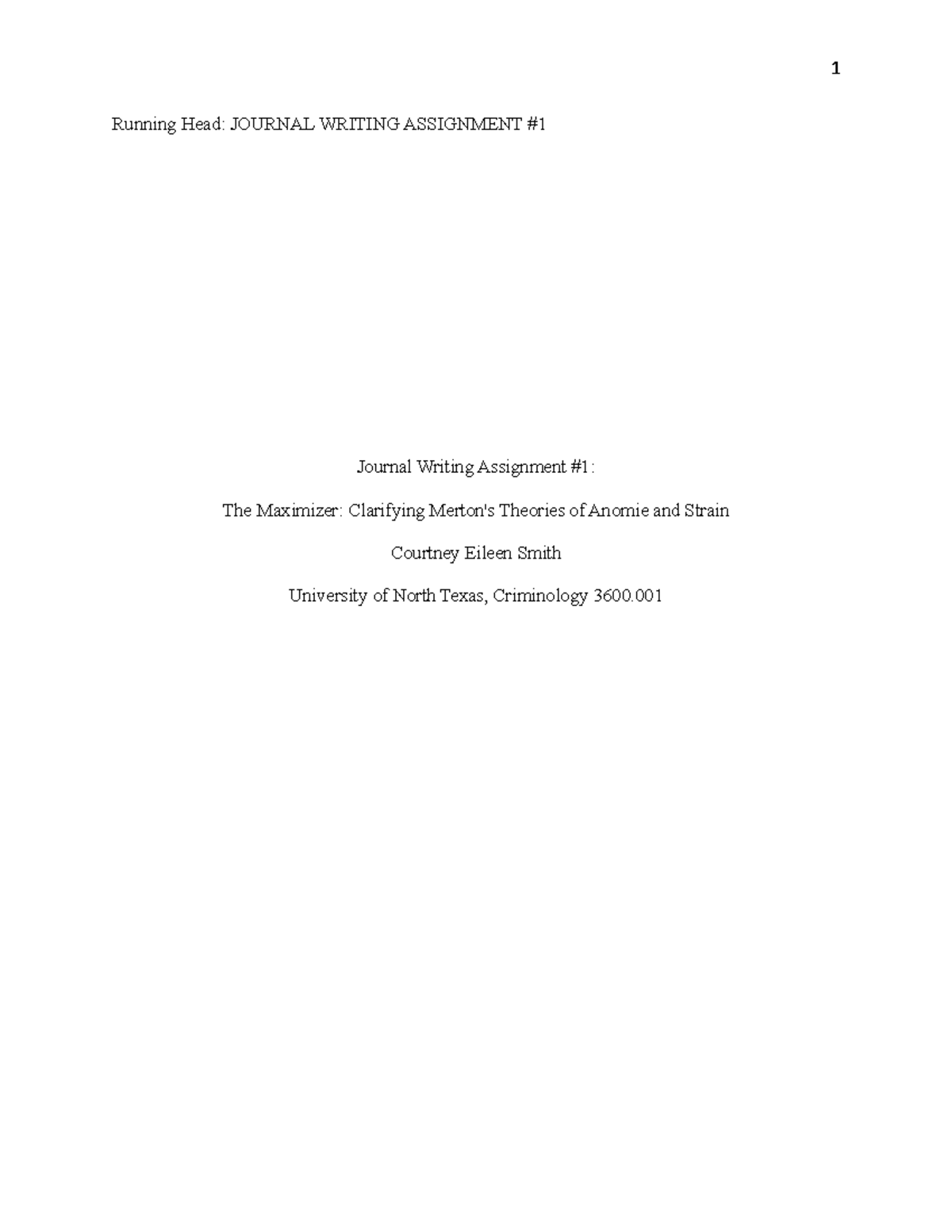 Journal Writing Assignment #1 - JOURNAL WRITING ASSIGNMENT ...