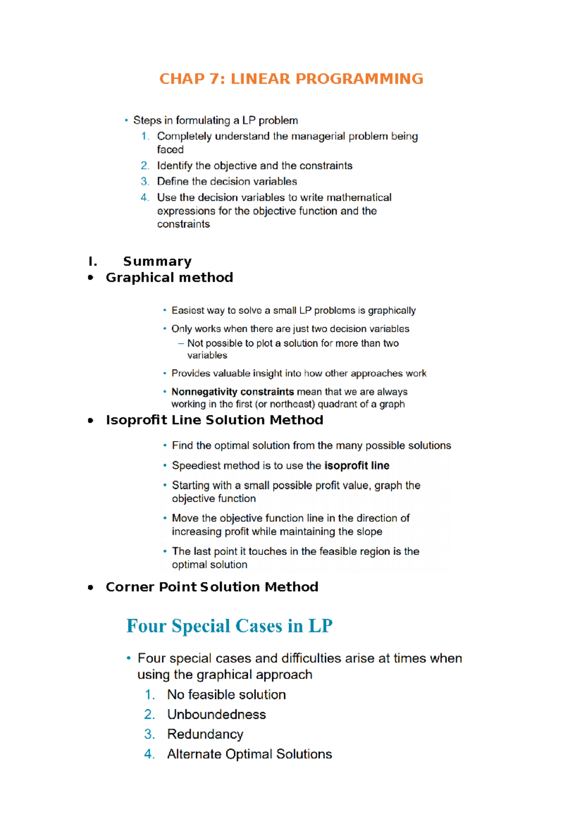 CHAP 7 - Learning - CHAP 7: LINEAR PROGRAMMING I. Summary Graphical ...