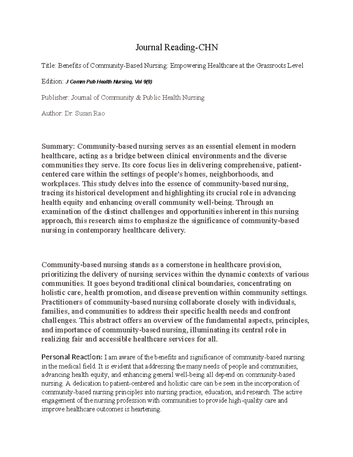 Journal of Community - Susan Rao Summary: Community-based nursing ...