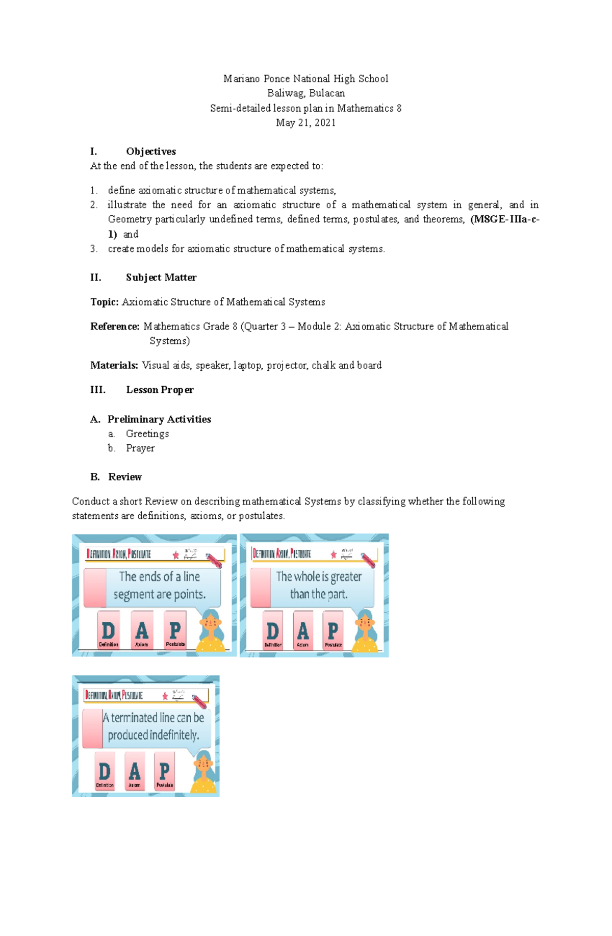 Semi-detailed Lesson Plan on Axiomatic Structure of Mathematical Systems copy - Mariano Ponce ...