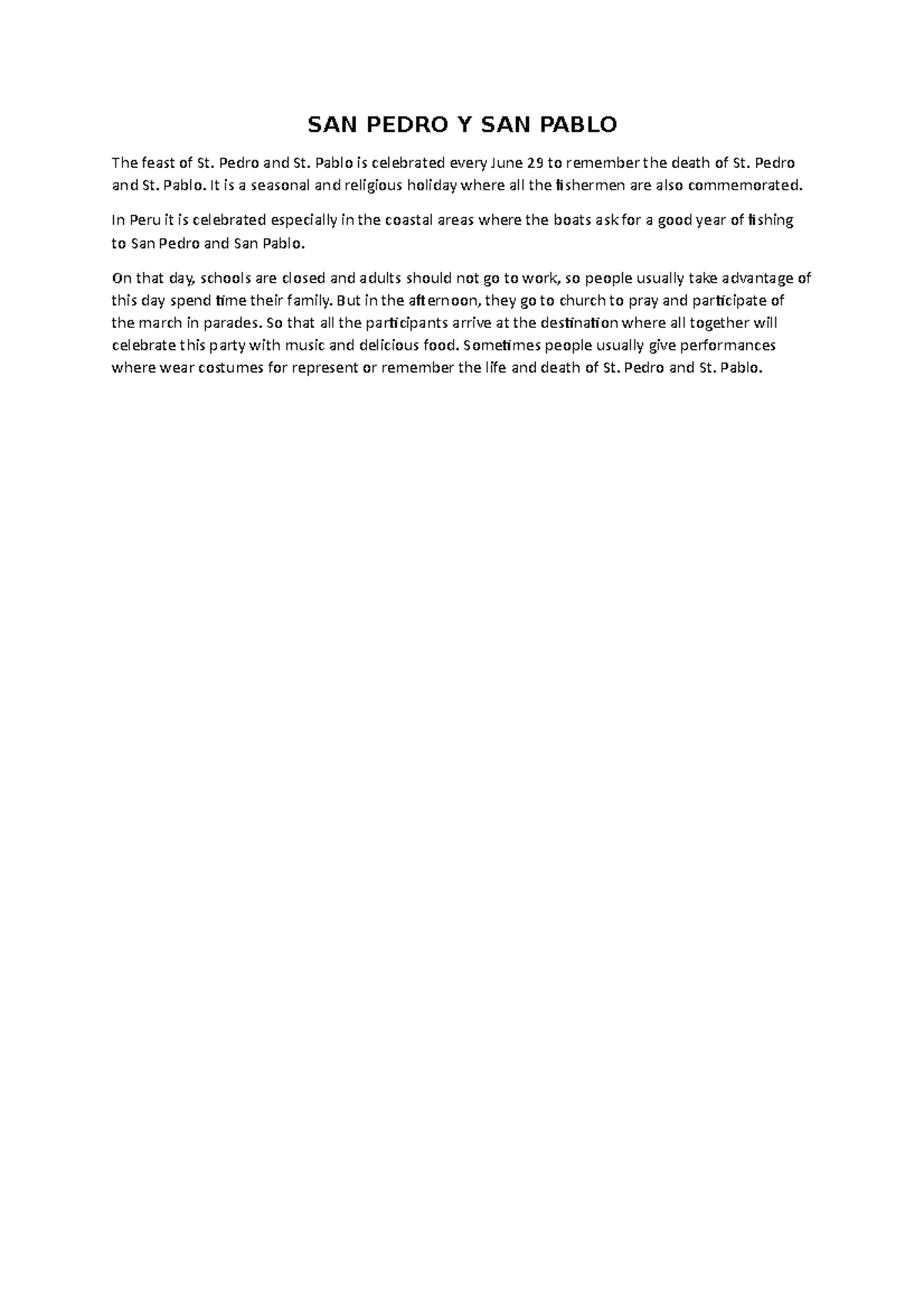 Writing-I03-2 - es buena - SAN PEDRO Y SAN PABLO The feast of St. Pedro ...