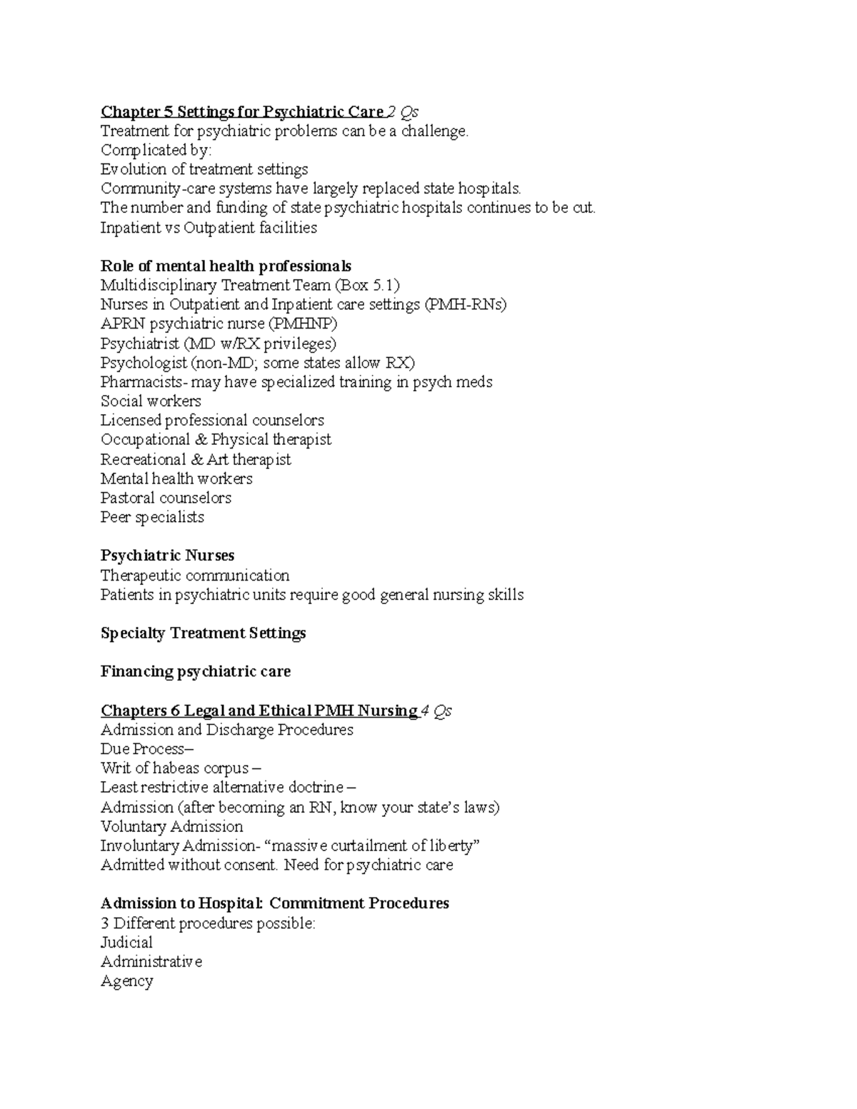 Exam #2 Concept Guide Fa22 - Chapter 5 Settings for Psychiatric Care 2 Qs Treatment for ...