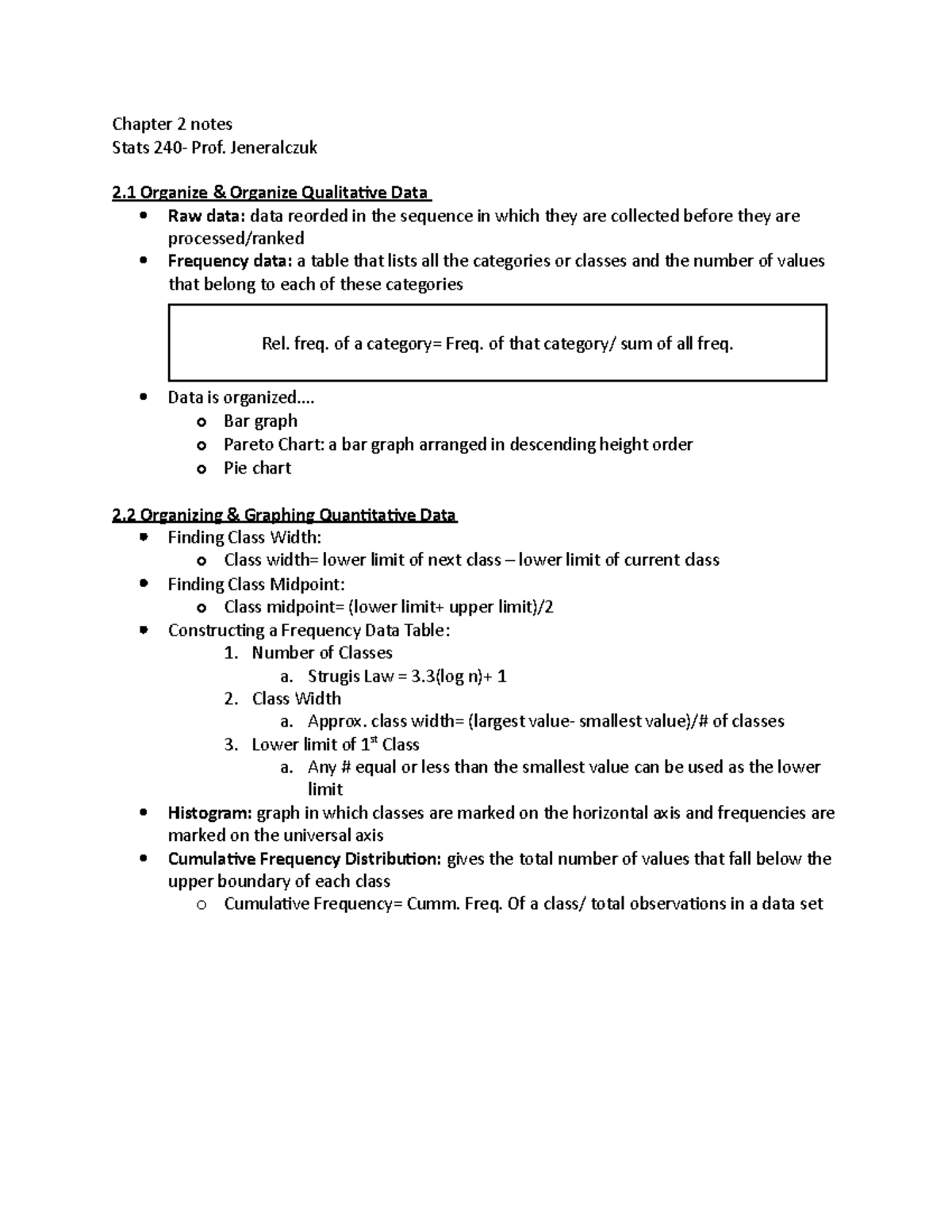 Stats 240 Chapter 2 notes - Chapter 2 notes Stats 240- Prof ...