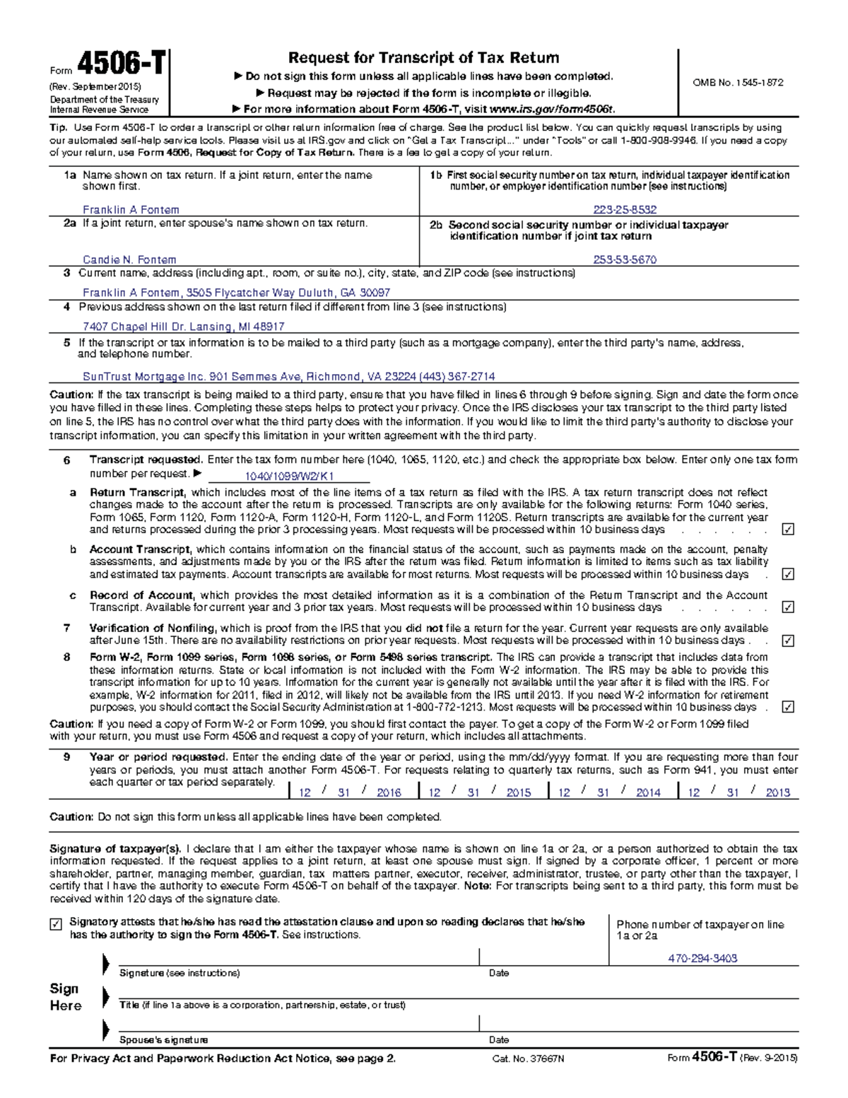 4506 - Form 4506-T (Rev. September 2015) Department of the Treasury ...