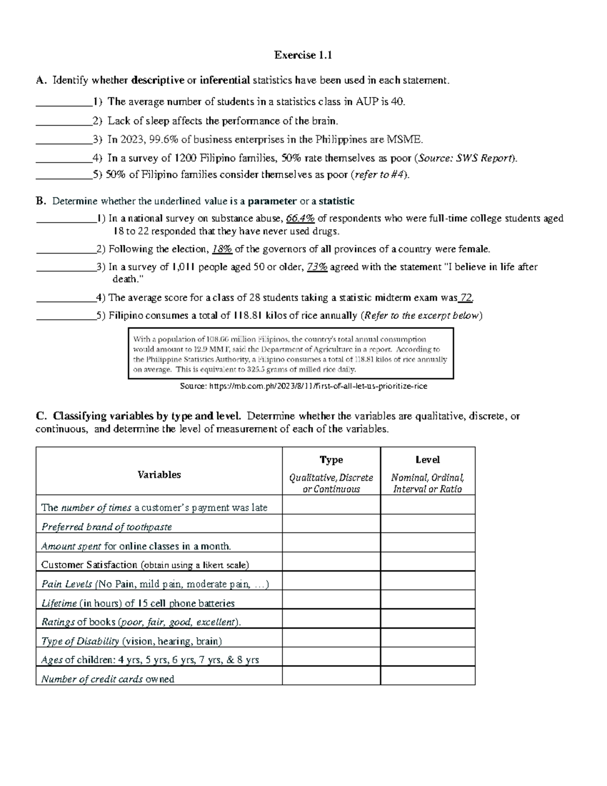 Exercise 1 - practical - Exercise 1. A. Identify whether descriptive or ...