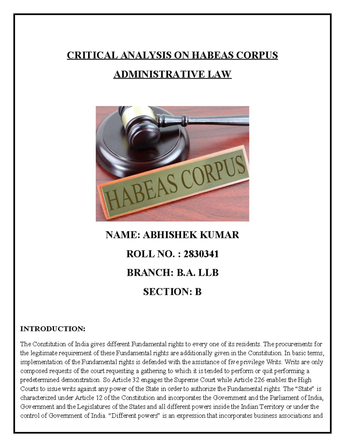 Critical Analysis ON Habeas Corpus - CRITICAL ANALYSIS ON HABEAS CORPUS ADMINISTRATIVE LAW NAME ...