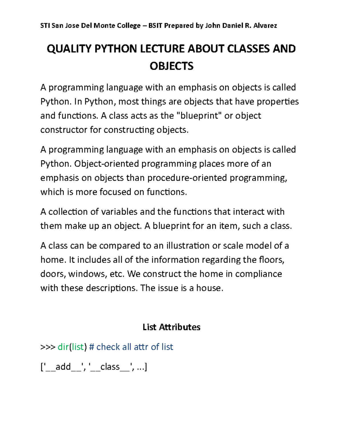 Quality Python Lecture About Classes And Objects Quality Python