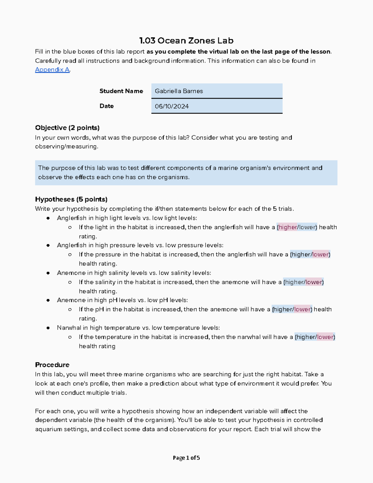 Copy of 1.03 Lab Report Template Rev 2022 3 - 1 Ocean Zones Lab Fill in ...