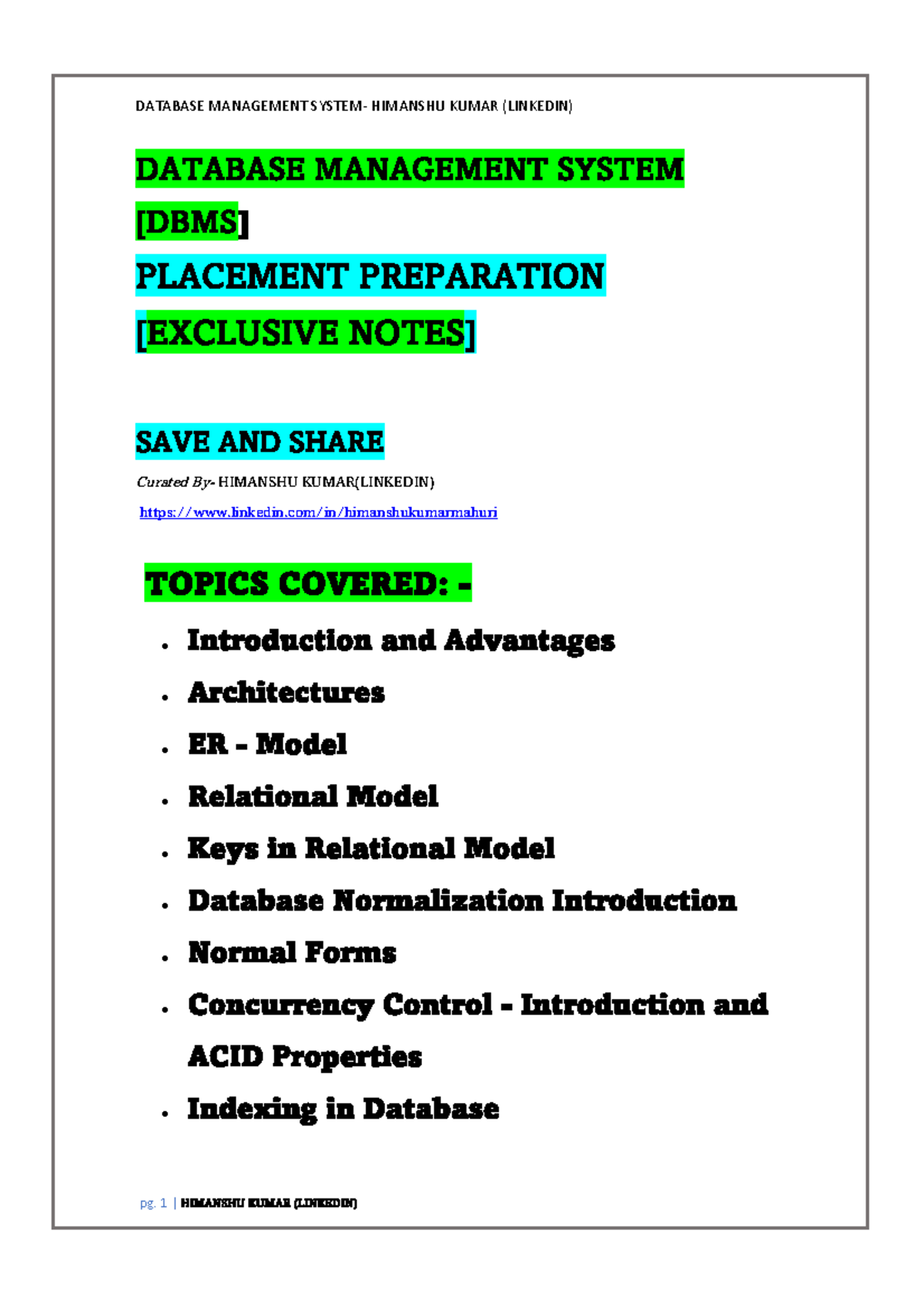 Dbms exclusive Notes - DATABASE MANAGEMENT SYSTEM [DBMS] PLACEMENT ...