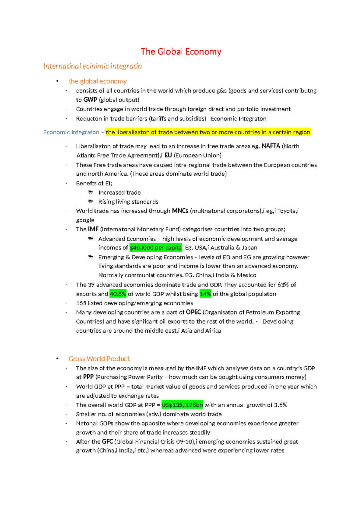 Detailed Notes on Topic 1 - The Global Economy - The Global Economy ...