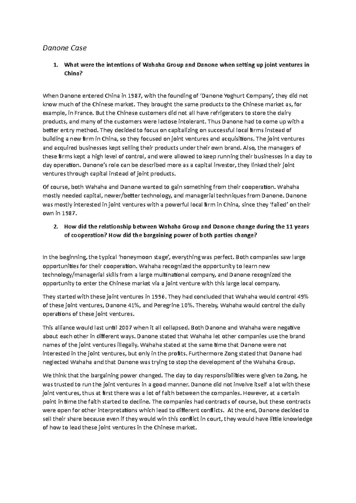 Danone Case - What were the intentions of Wahaha Group and Danone when ...