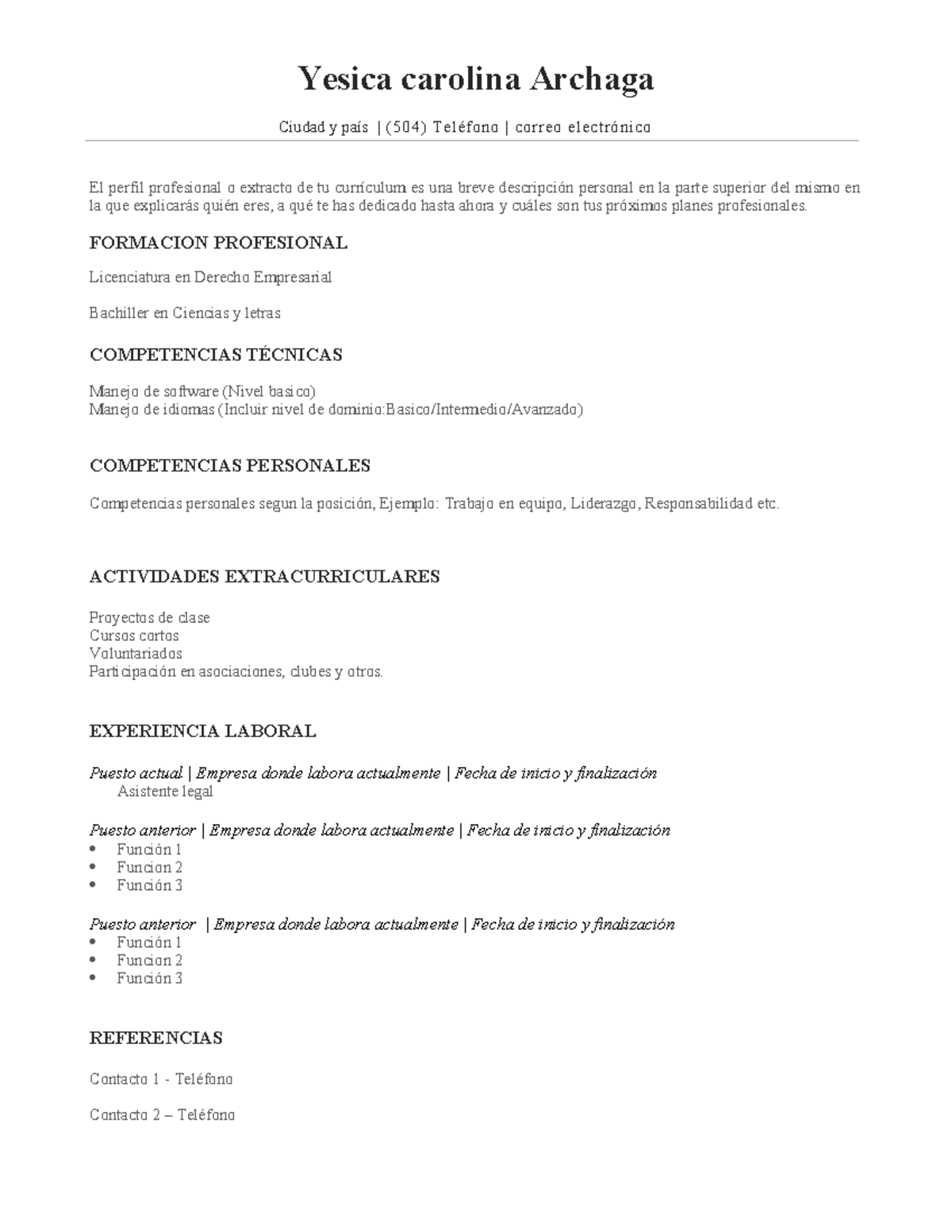 Plantilla CV GCC Blanco - Yesica carolina Archaga Ciudad y país | (504 ...