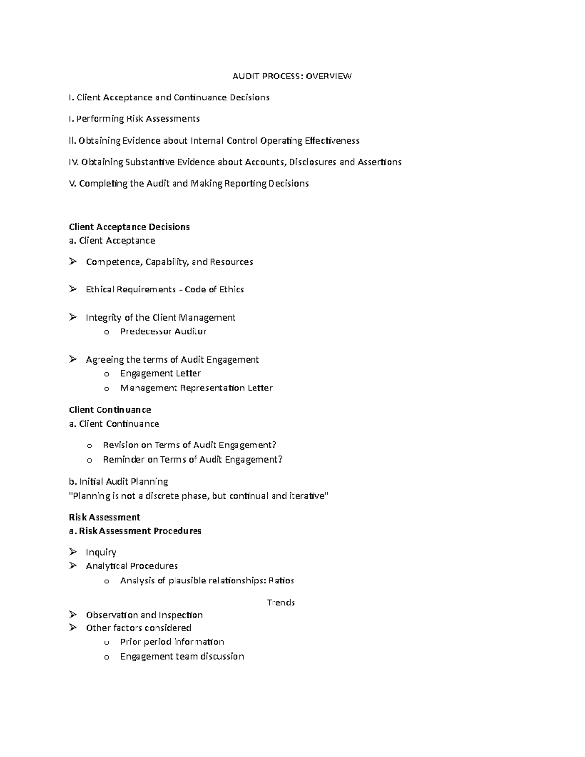 Audit Overview - AUDIT PROCESS: OVERVIEW I. Client Acceptance and Continuance Decisions I. - Studocu