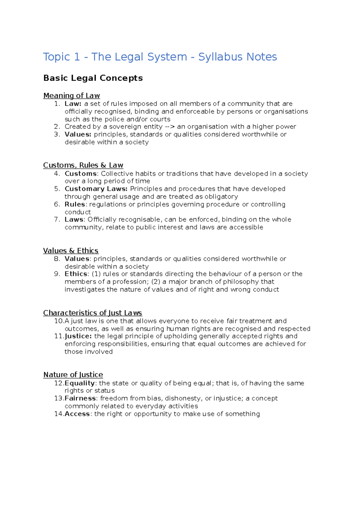 Topic 1 - The Legal System - Syllabus Notes - Law: a set of rules ...